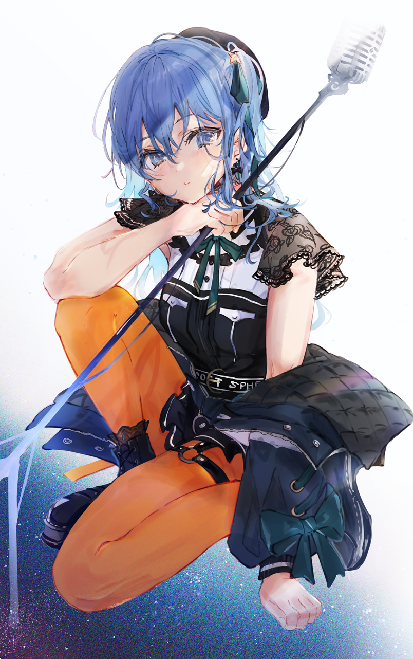 Safebooru - 1girl beret black footwear black headwear black skirt blue background blue eyes blue ...