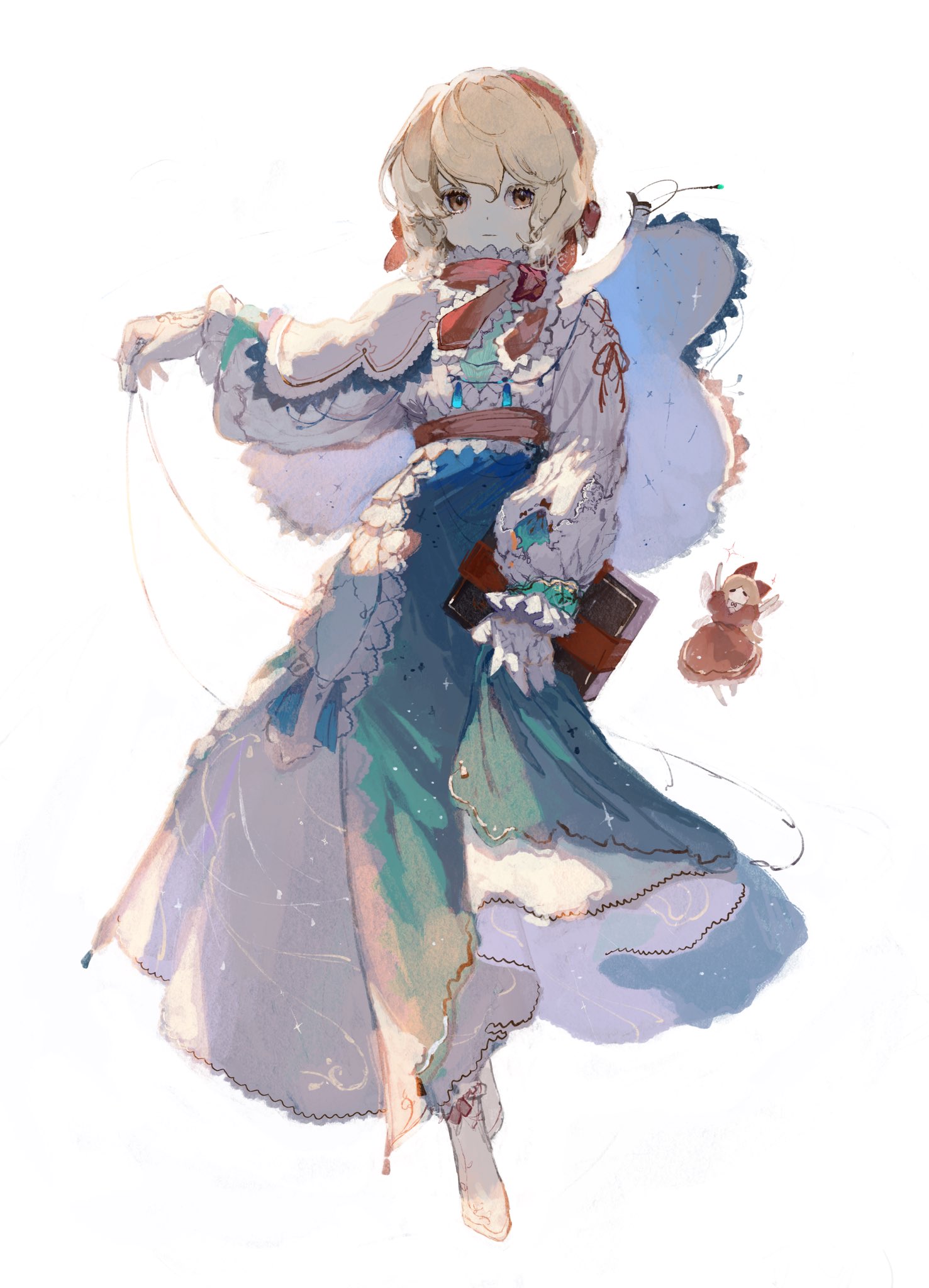 Safebooru - 1girl alice margatroid alternate eye color arm at side blonde hair blue dress book ...