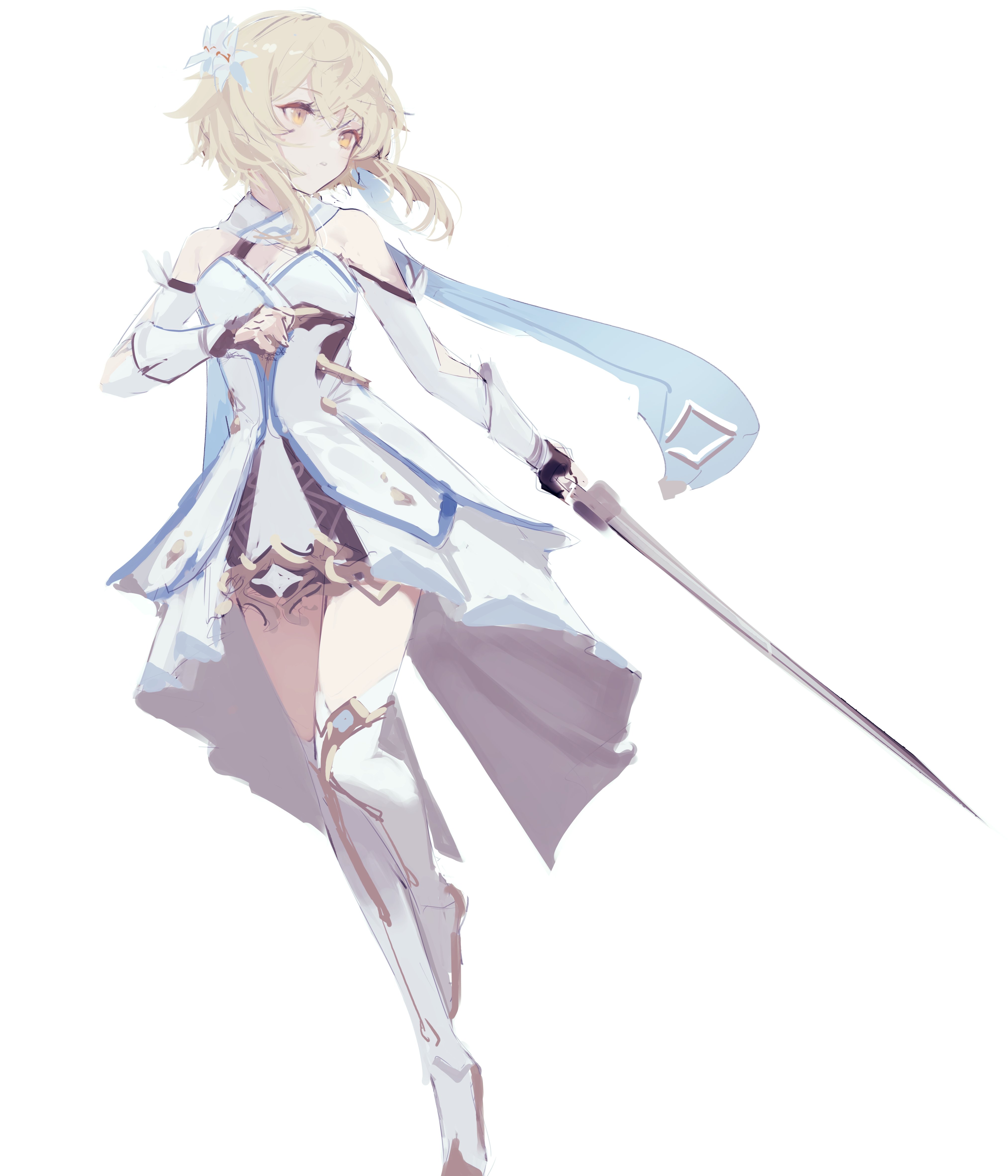 Safebooru - 1girl absurdres bangs black gloves boots breasts detached sleeves dress fingerless ...