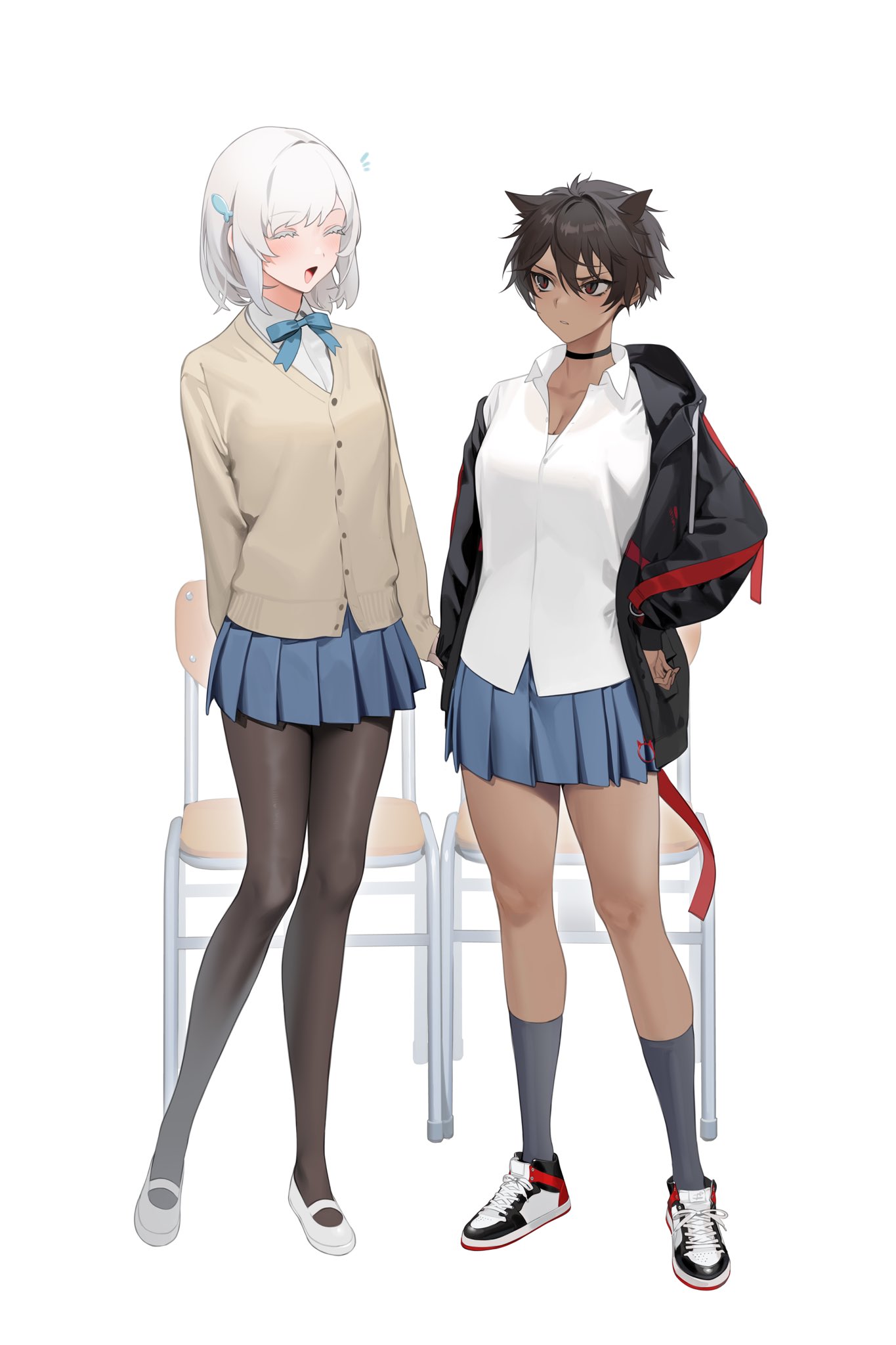 Safebooru - 2girls bag bangs black legwear blue skirt breasts brown hair cardigan chair choker ...
