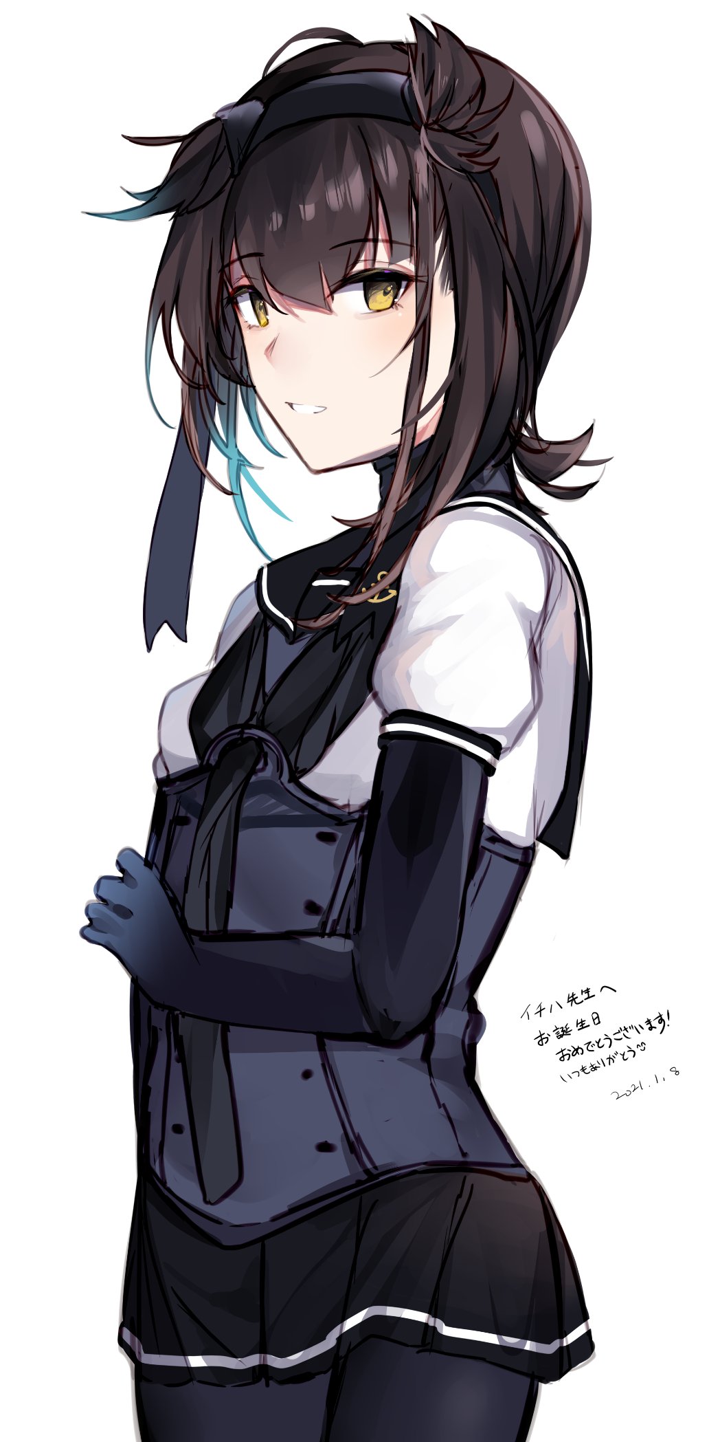 Safebooru - 1girl ahoge bodysuit under clothes breasts brown hair corset grin hachimaki hair ...