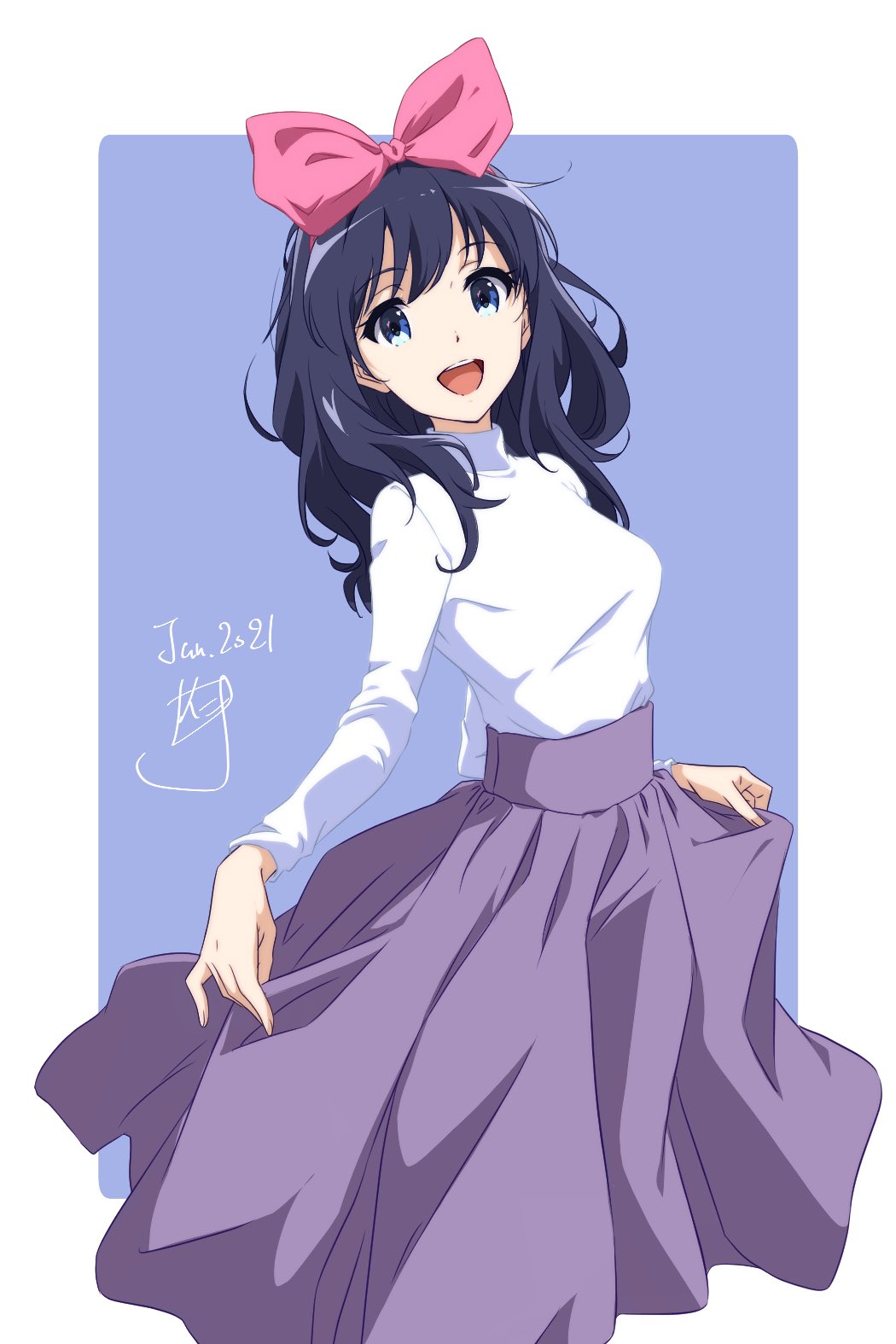 Safebooru - 1girl adjusting clothes black hair blue eyes curtsey dated ...