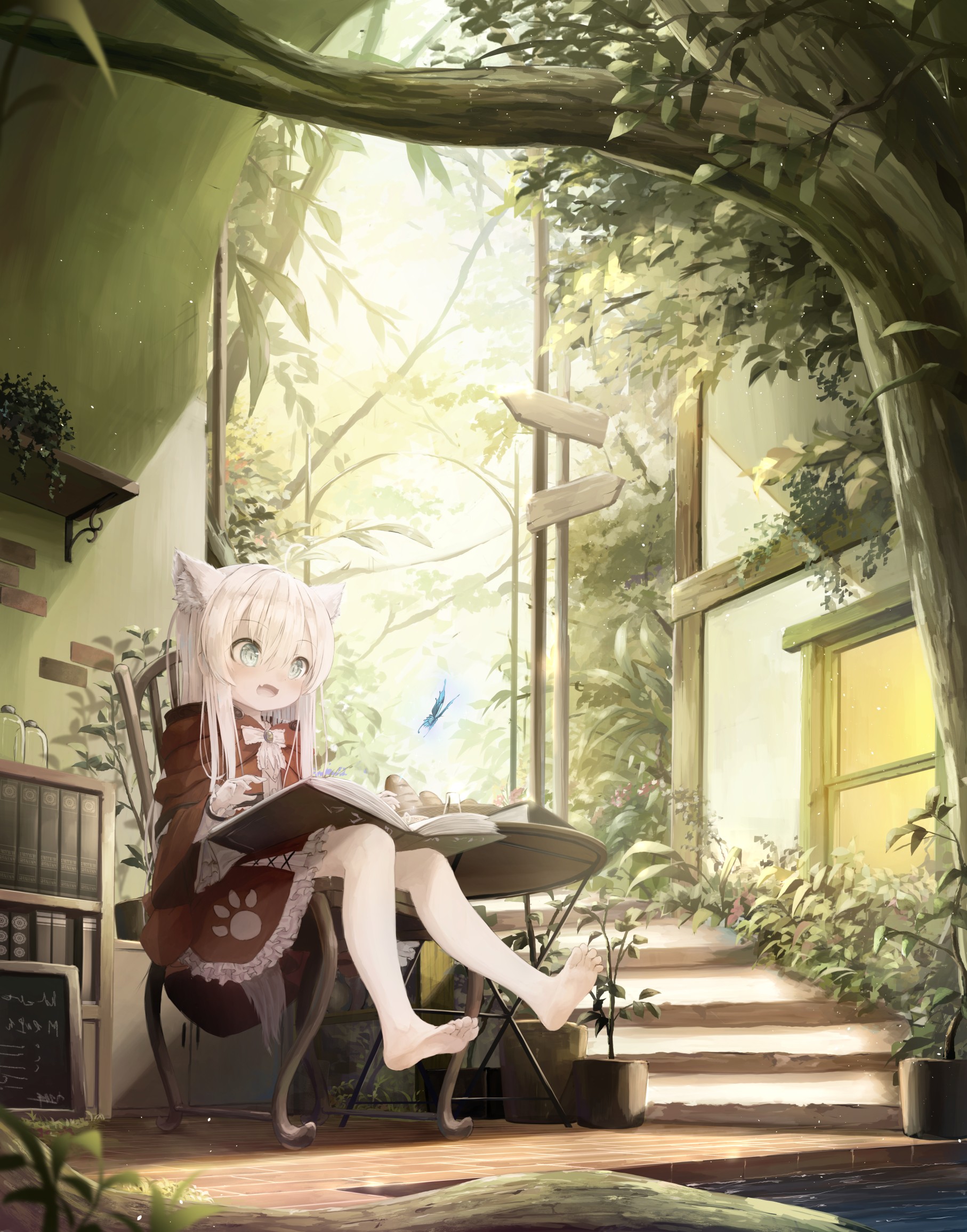 Safebooru - 1girl :d animal animal ears bangs barefoot blue eyes blush book bookshelf bug ...