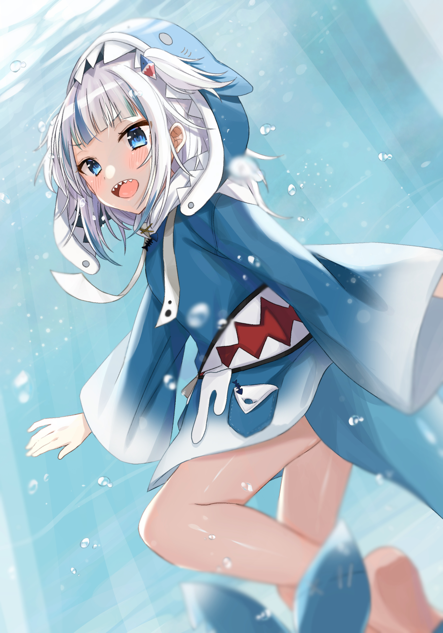 Safebooru - 1girl :d air bubble animal hood ass bangs barefoot blue background blue eyes blue ...