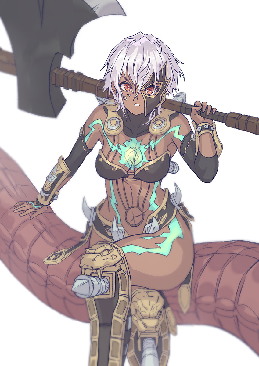Safebooru - 1girl armor axe bare shoulders body markings character request clenched teeth ...