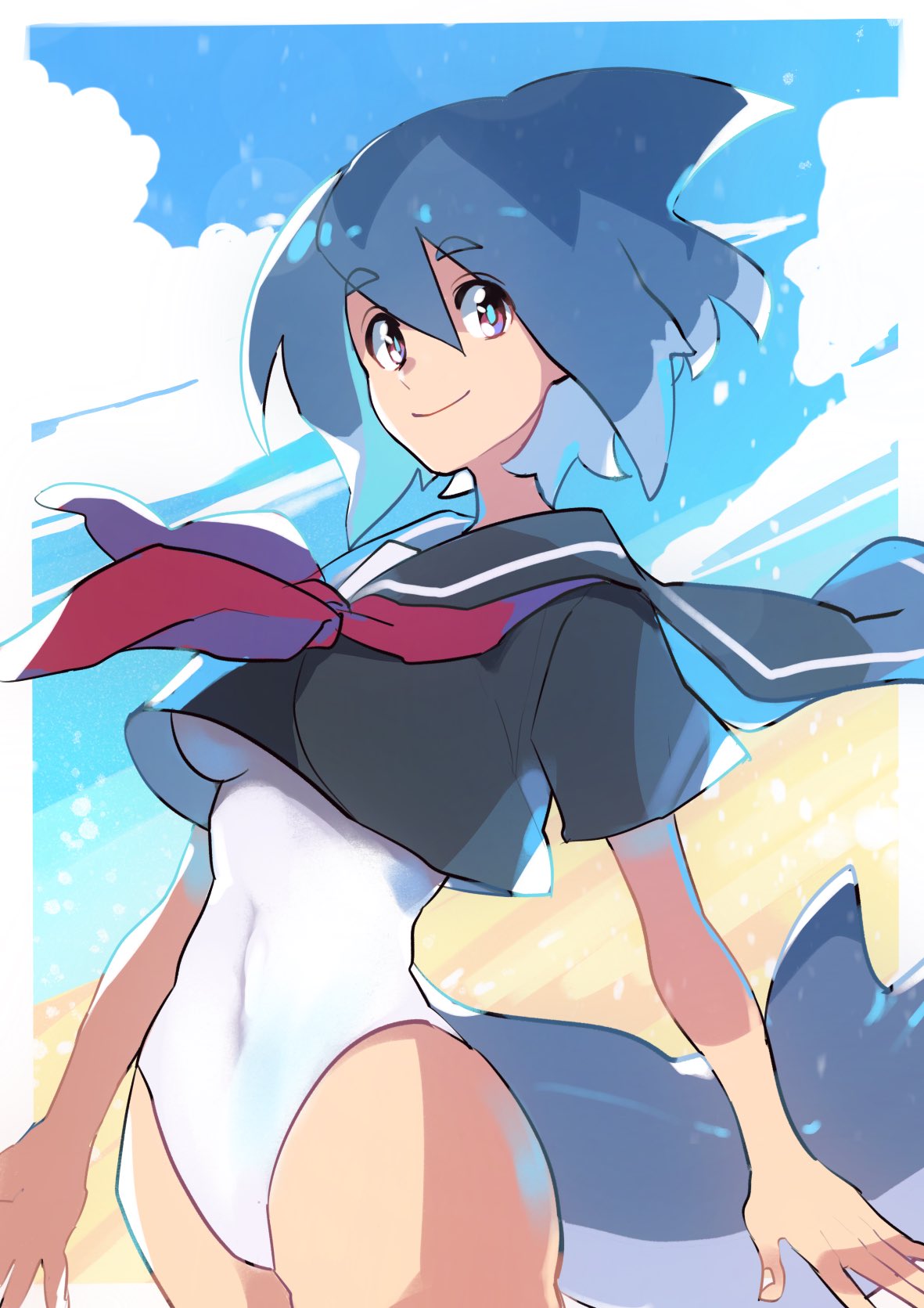 Safebooru - 1girl azuumori beach black sailor collar black shirt blue hair blue sky clouds ...