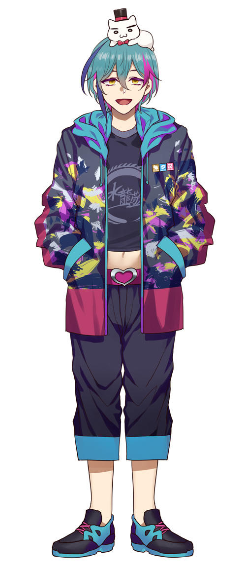 Safebooru - 1boy :d asymmetrical hair belt black footwear black pants black shirt blue hair ...