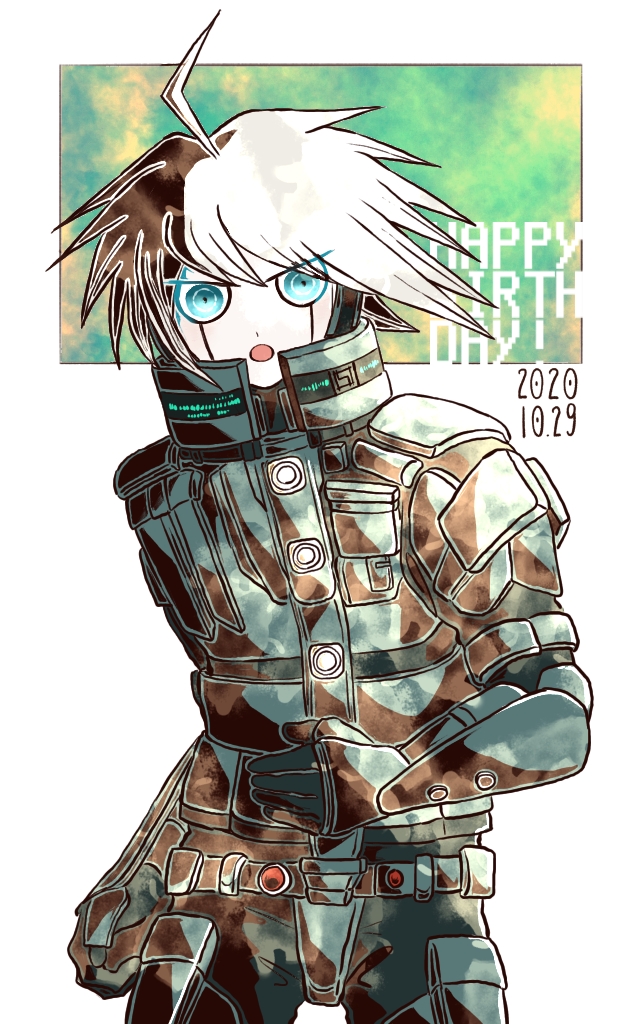 Safebooru - 1boy :o ahoge android armor bangs black gloves blue eyes ...