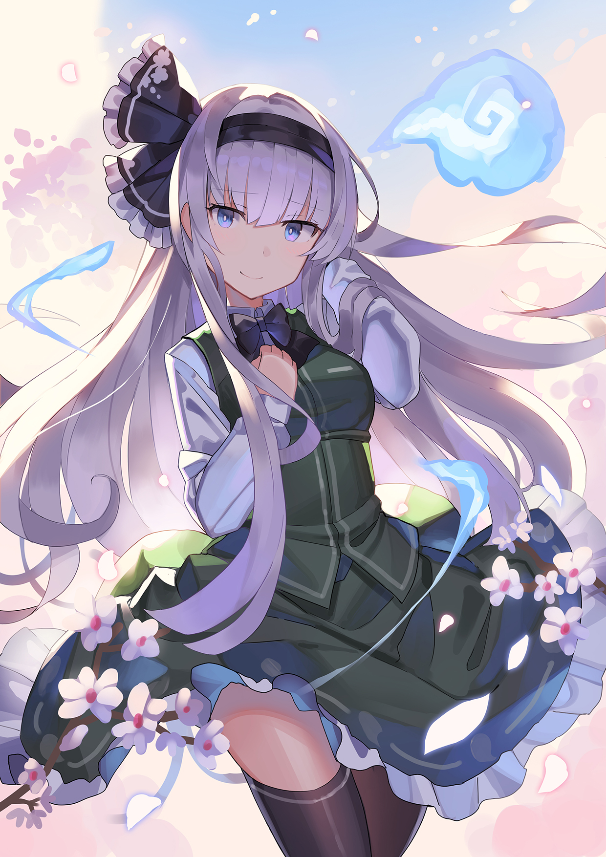 Safebooru - 1girl alternate hair length alternate hairstyle arm up backlighting bangs black bow ...