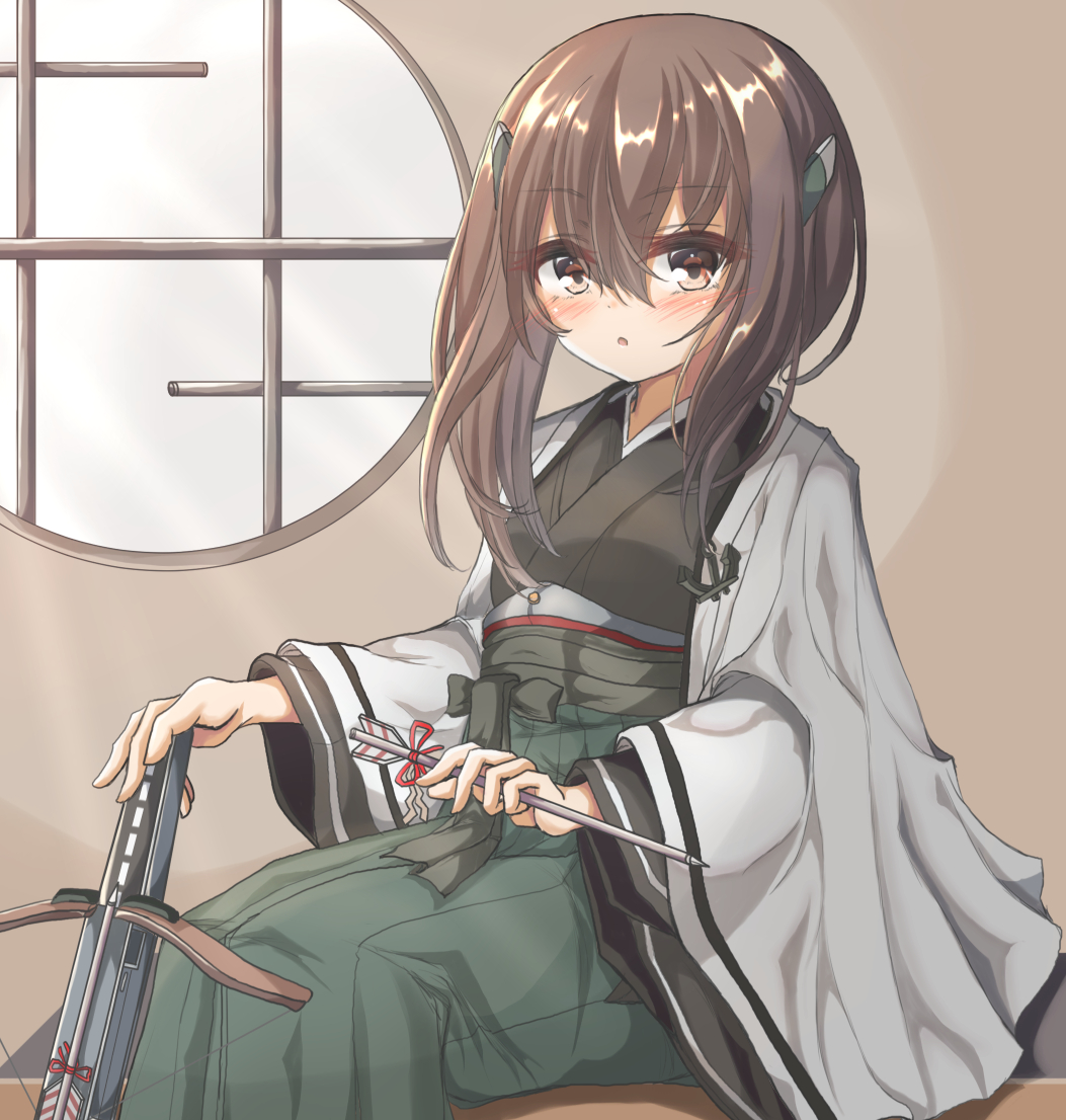 Safebooru - 1girl alternate costume anchor arrow (projectile) black kimono bow (weapon) brown ...
