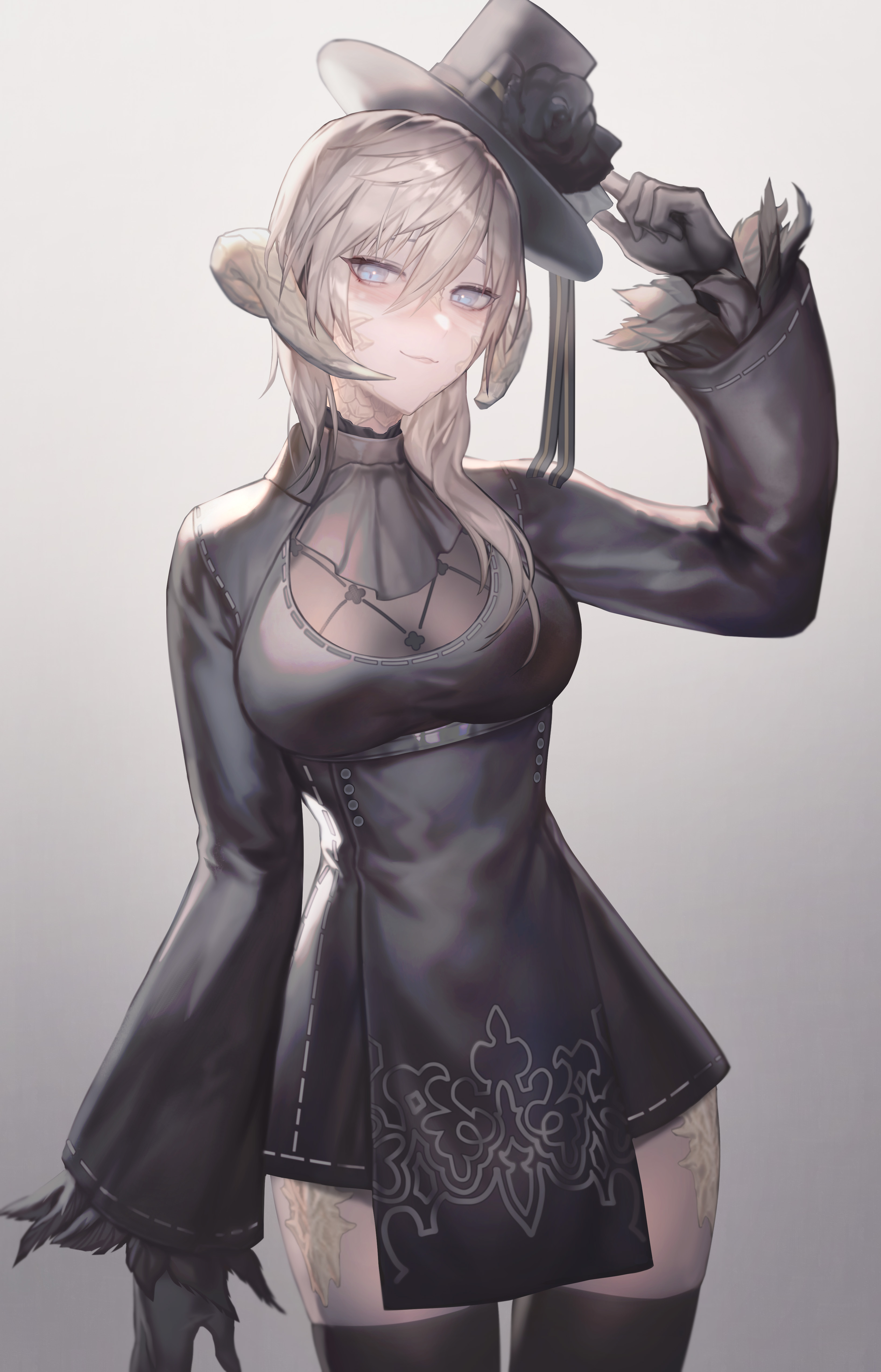 Safebooru - 1girl absurdres adjusting clothes adjusting headwear ajirui au ra bangs black dress ...