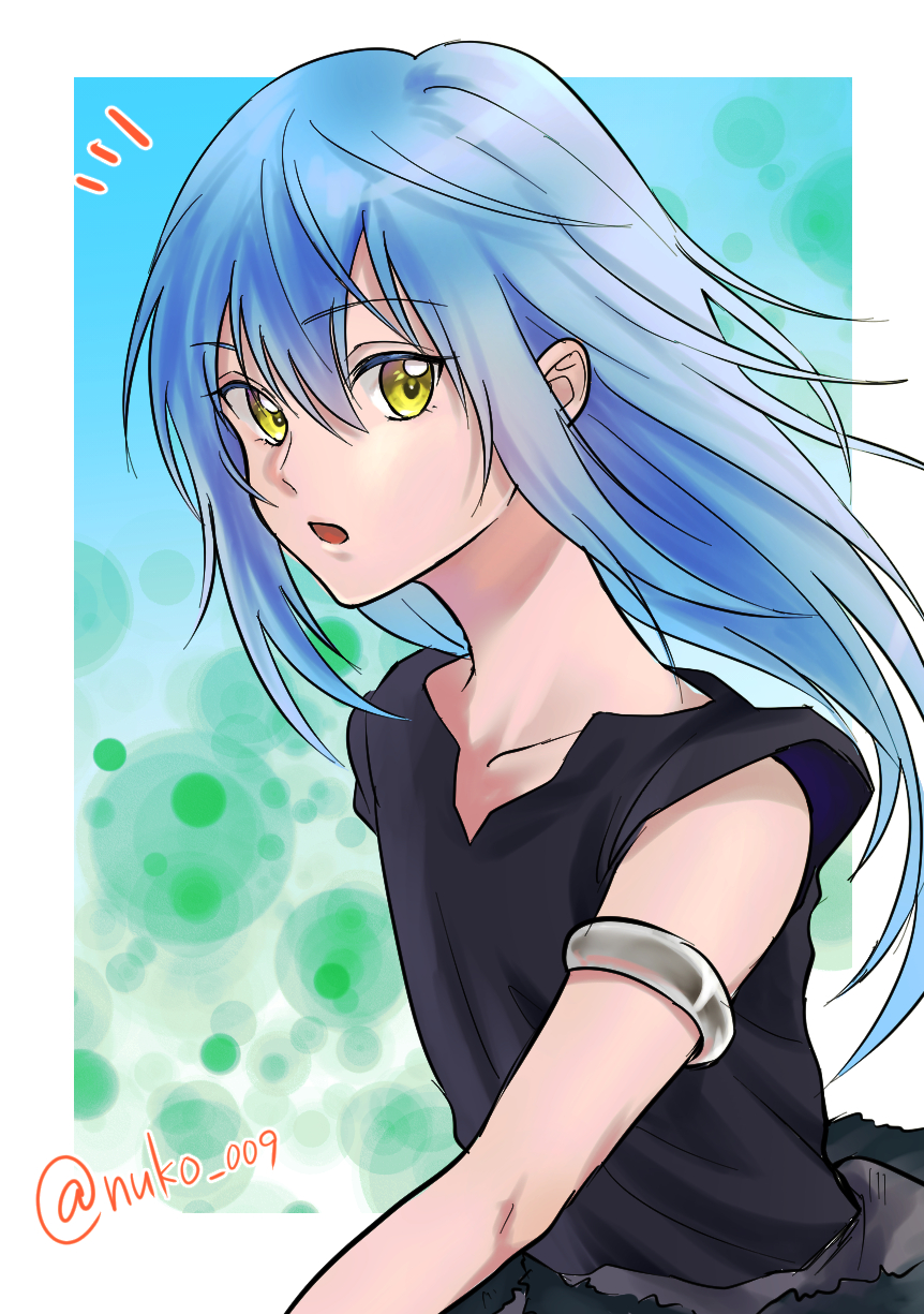 Safebooru - 1girl androgynous armlet bangs black shirt blue hair border ...