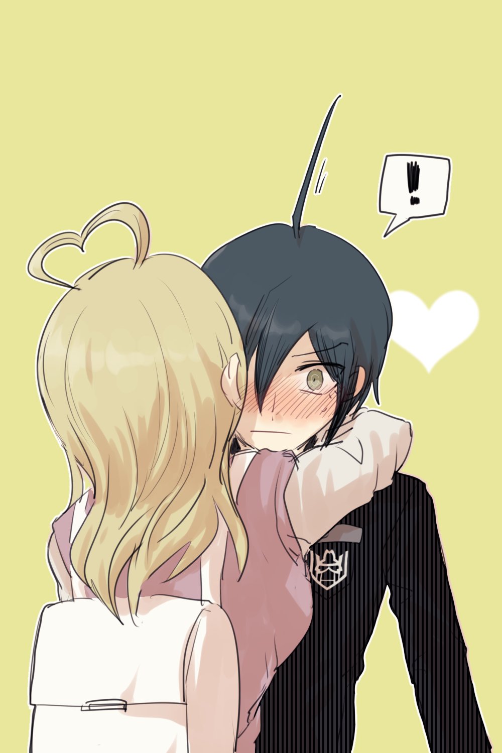Safebooru - ! 1boy 1girl ahoge akamatsu kaede arms around neck backpack bag bangs black hair ...