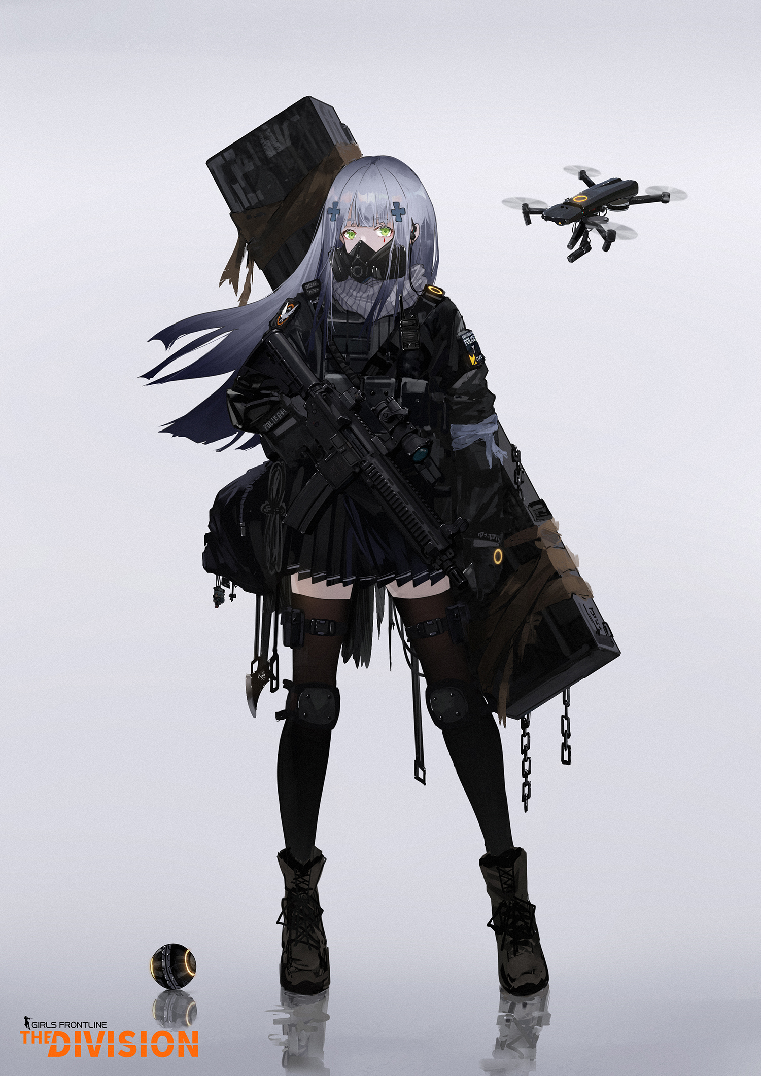 Safebooru - 1girl assault rifle bangs black gloves black jacket black skirt blunt bangs drone ...