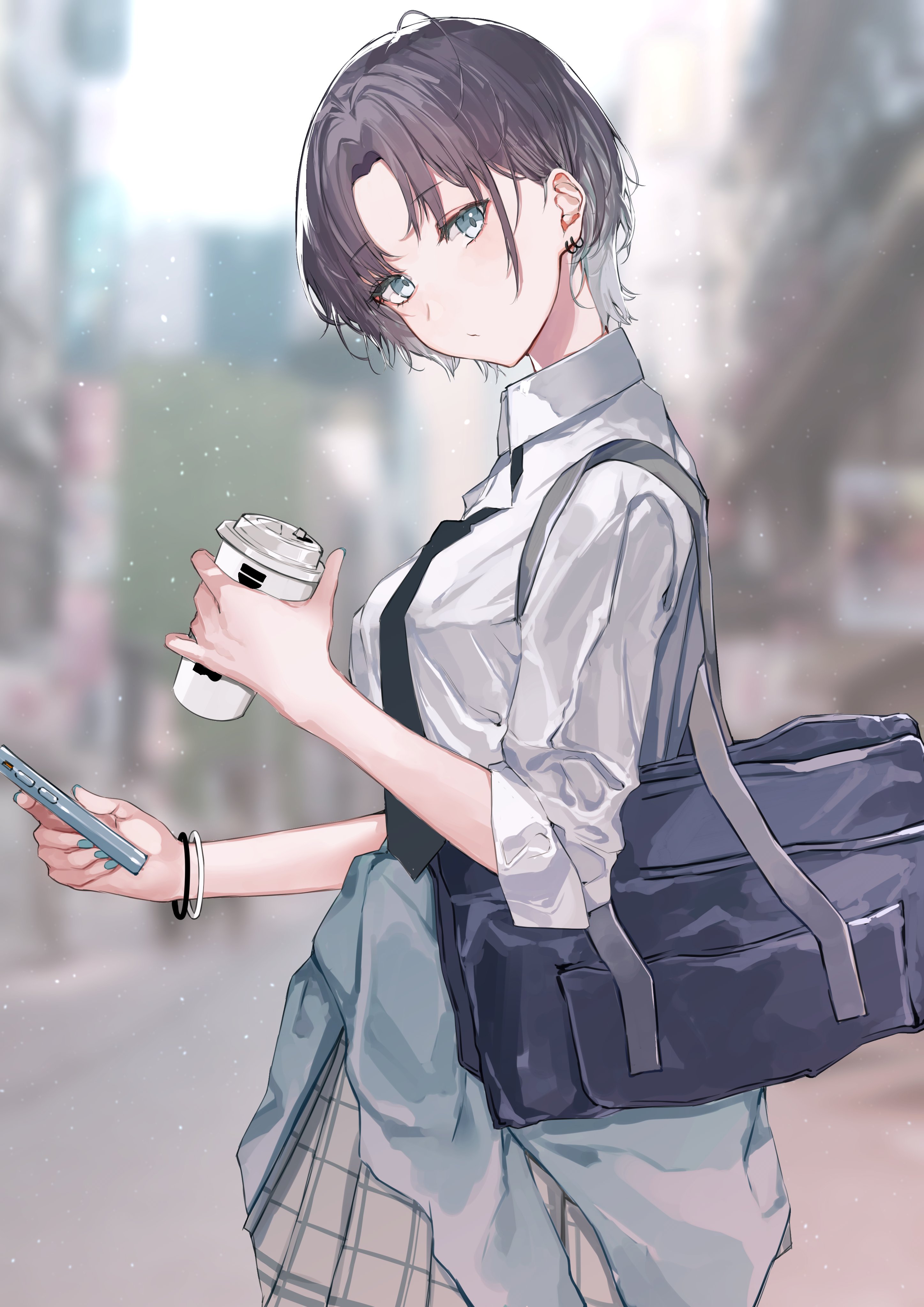 Safebooru - 1girl absurdres ahoge aqua eyes asakura tooru bag black hair black neckwear blue ...