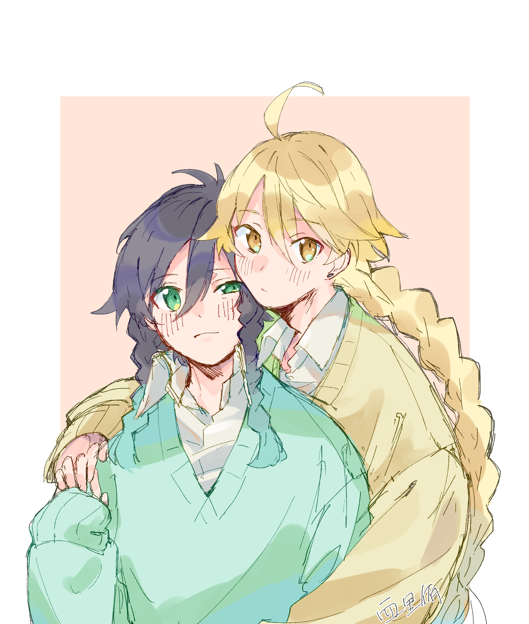 Safebooru - 2boys aether (genshin impact) ahoge bangs black hair blonde hair blue hair blush ...