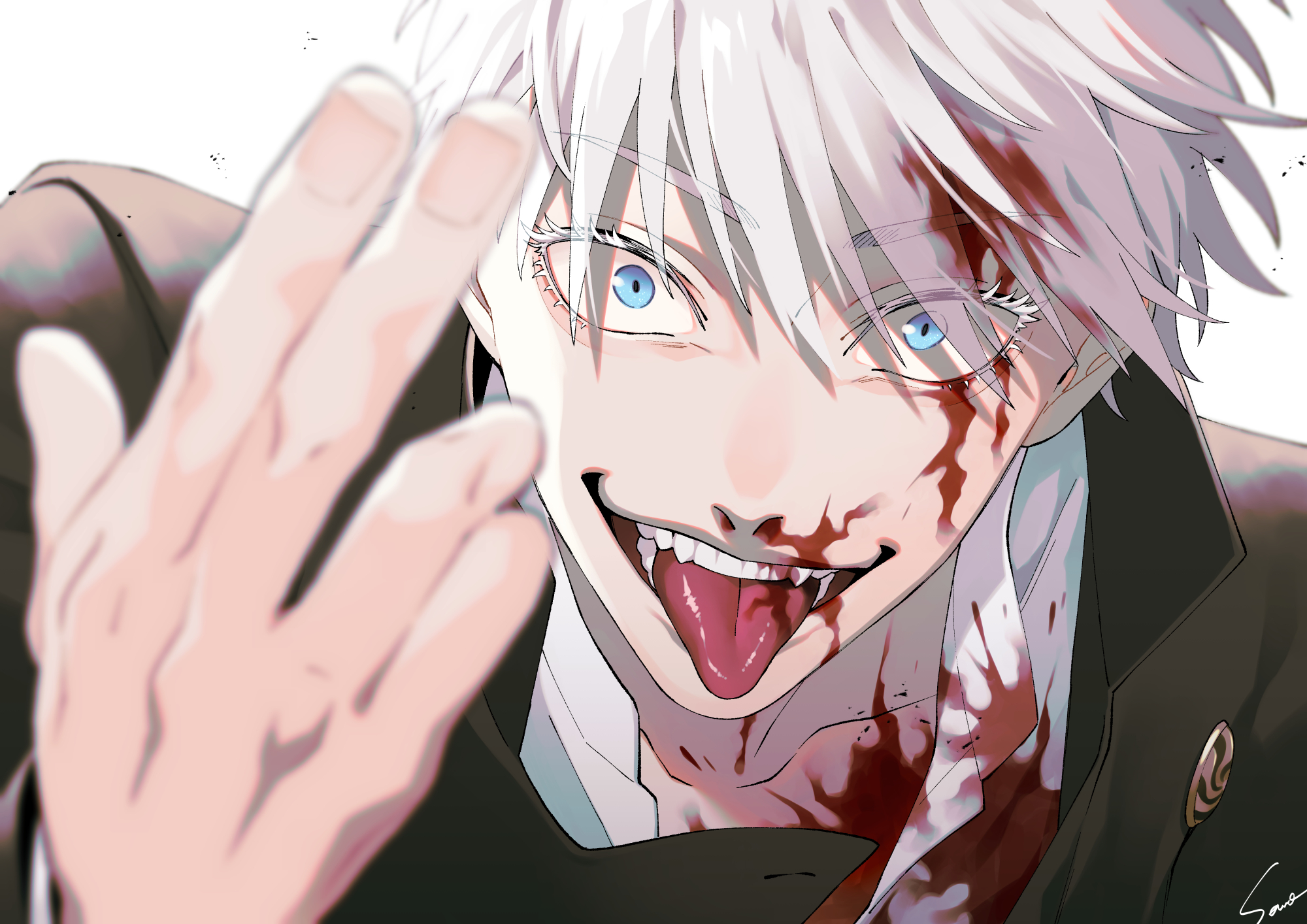 Safebooru - 1boy bangs black jacket blood blood on face bloody clothes blue eyes collarbone ...