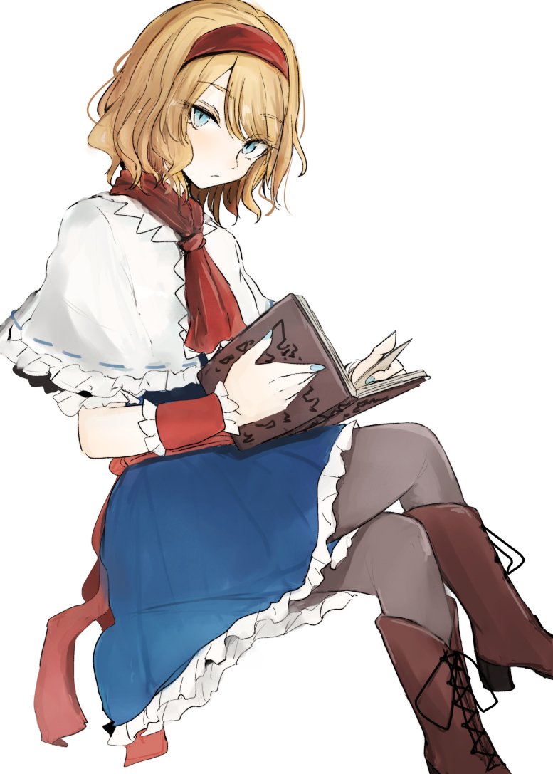 Safebooru - 1girl alice margatroid ascot blonde hair blue dress blue eyes blue nails book boots ...