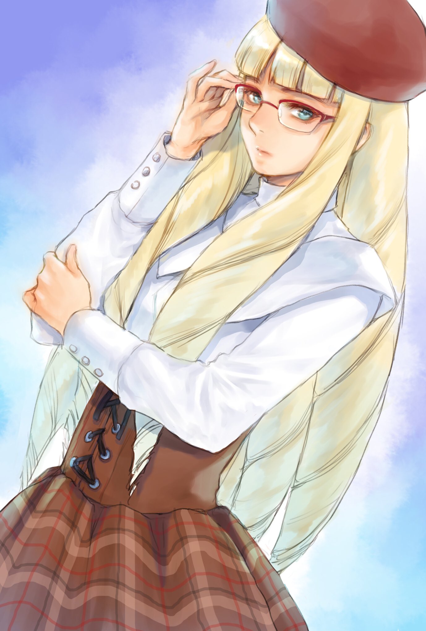 Safebooru - 1girl alternate costume bangs beret bespectacled blonde hair blunt bangs brown ...