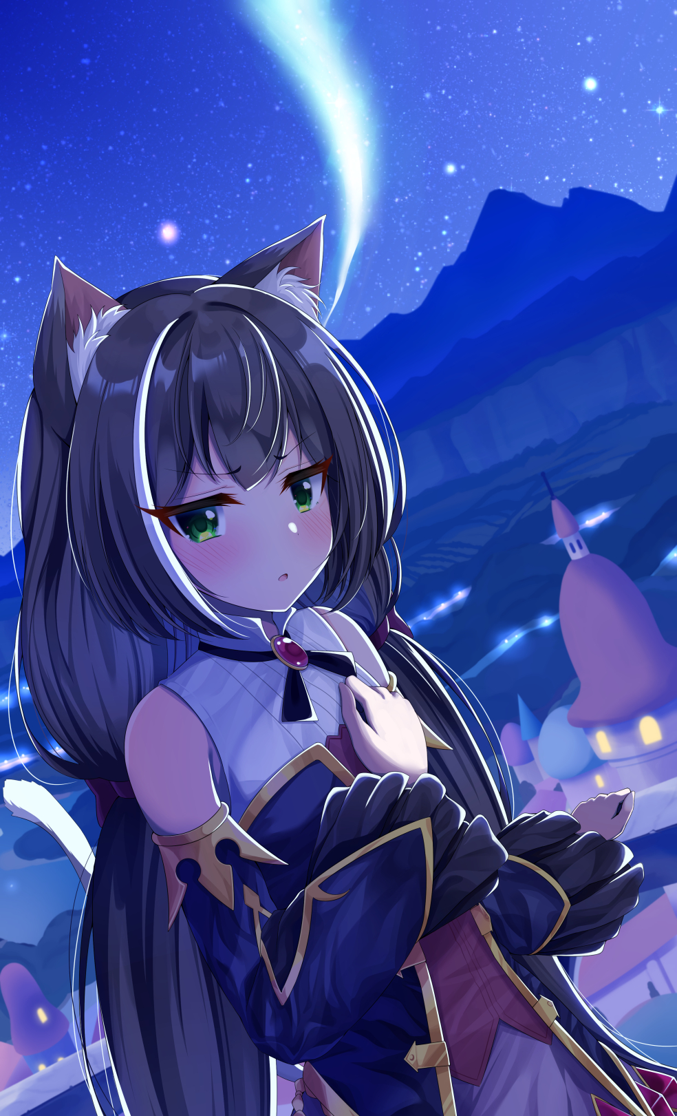 Safebooru - 1girl animal ear fluff animal ears bangs bare shoulders black hair blush breasts cat ...