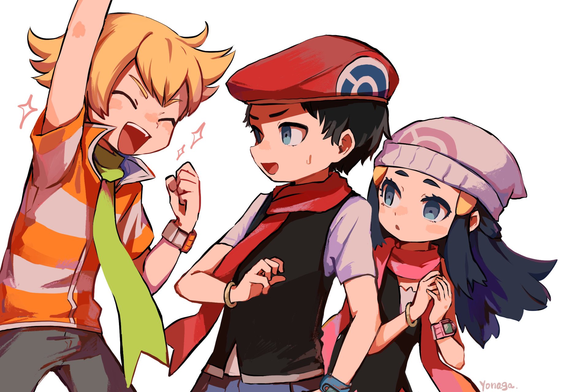 Safebooru - 1girl 2boys arm up artist name bangs barry (pokemon) beanie ...