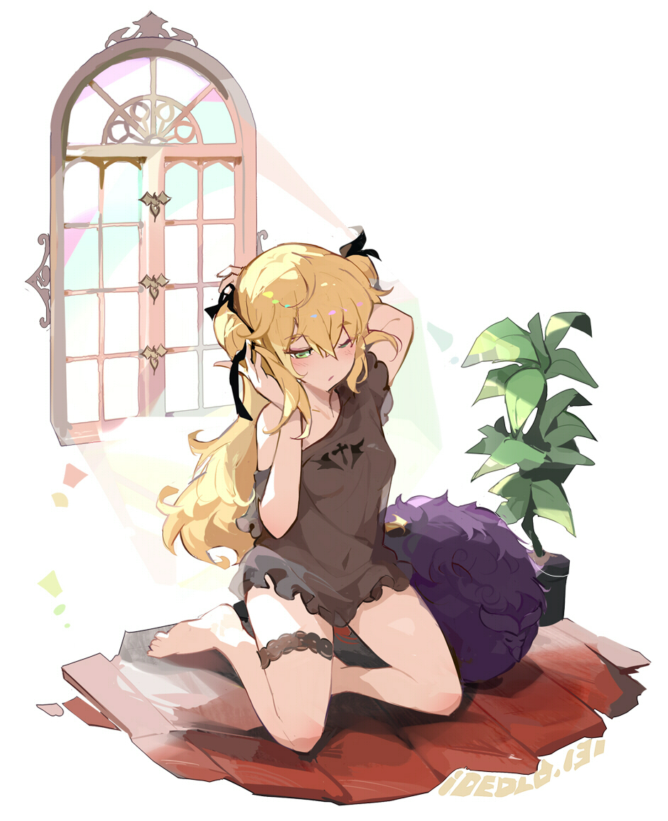 Safebooru - 1girl adjusting hair artist name bangs barefoot black ...