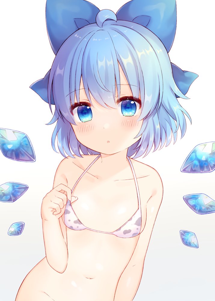 Safebooru - 1girl :o ahoge animal print bangs bare shoulders bikini blue bow blue eyes blue hair ...