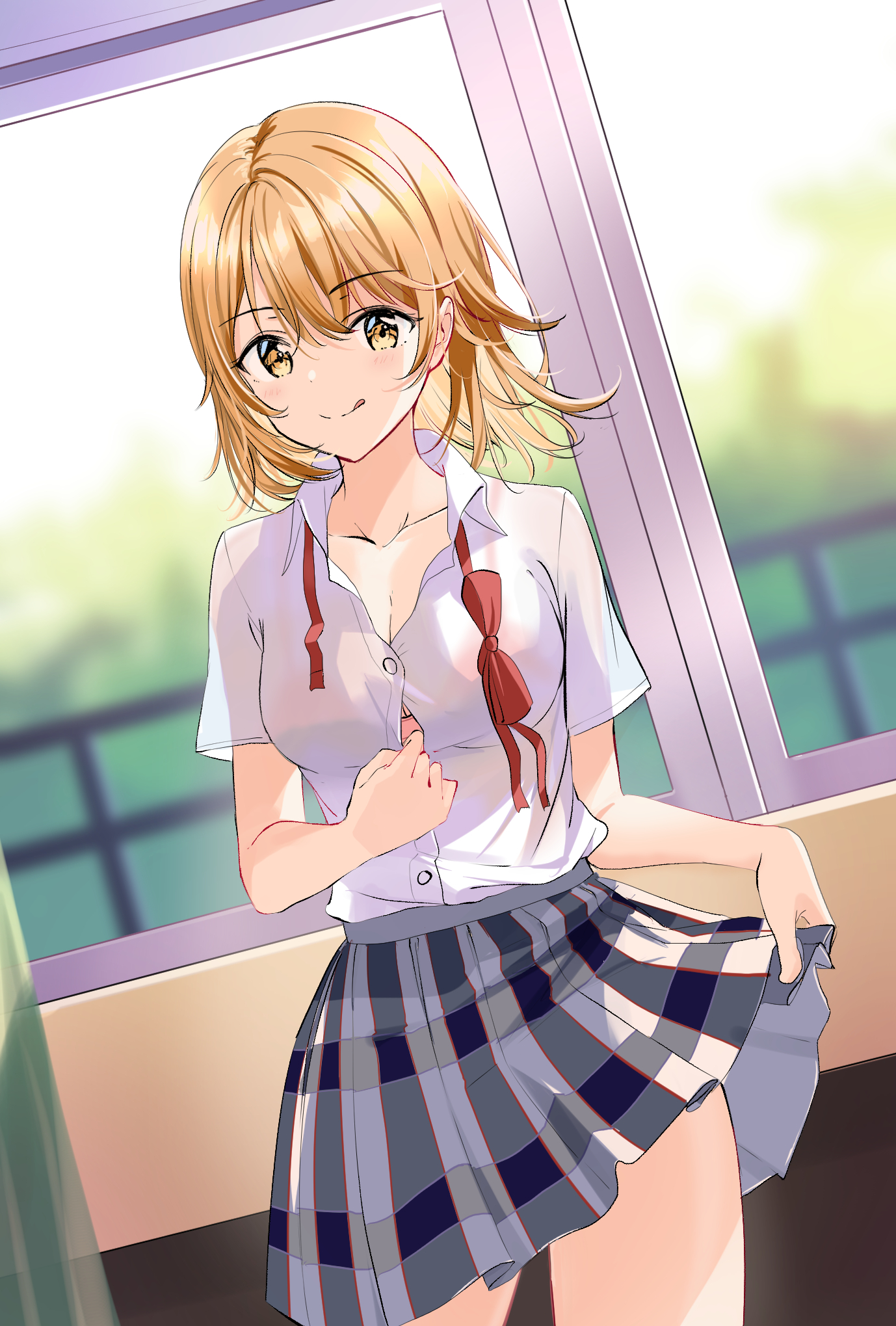 Safebooru - 1girl :q bangs blonde hair blurry blurry background bow bowtie bra bra peek closed ...