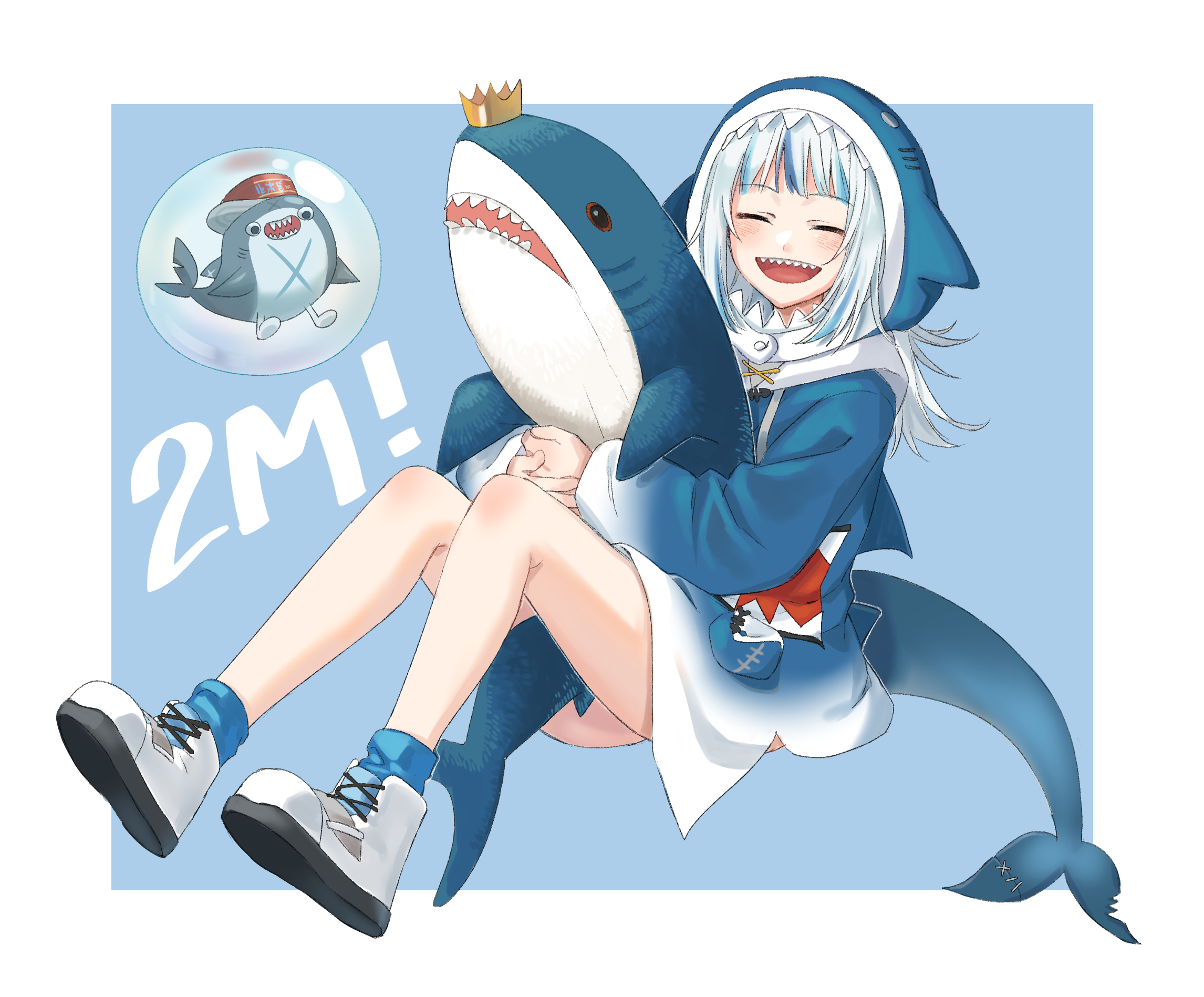 Safebooru - 1girl :d animal costume animal hood bangs bloop (gawr gura) blue eyes blue hair blue ...