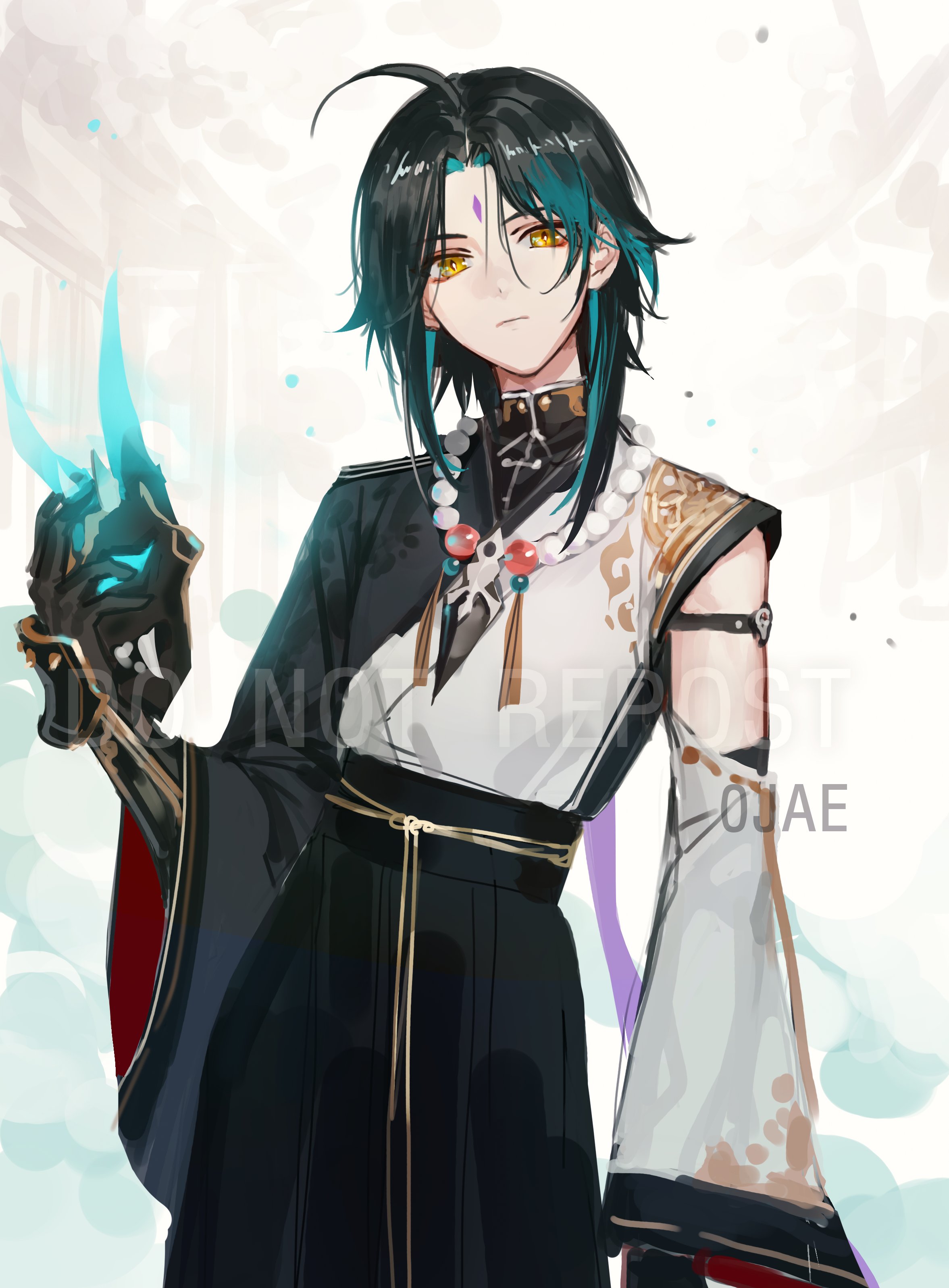 Safebooru - 1boy absurdres ahoge aqua hair artist name bangs black gloves black hair blurry ...