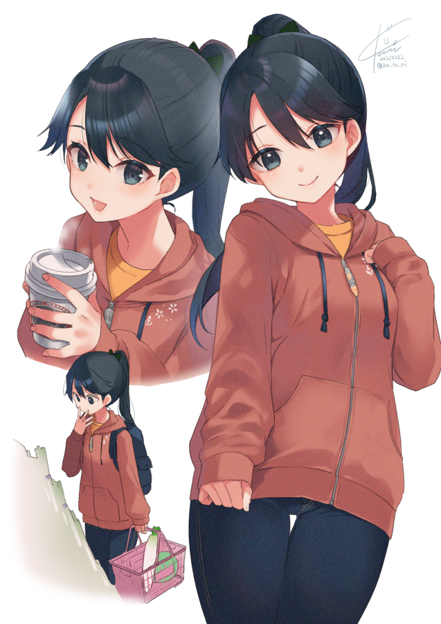 Safebooru - 1girl :d alternate costume backpack bag bangs black hair blue eyes blush bow casual ...