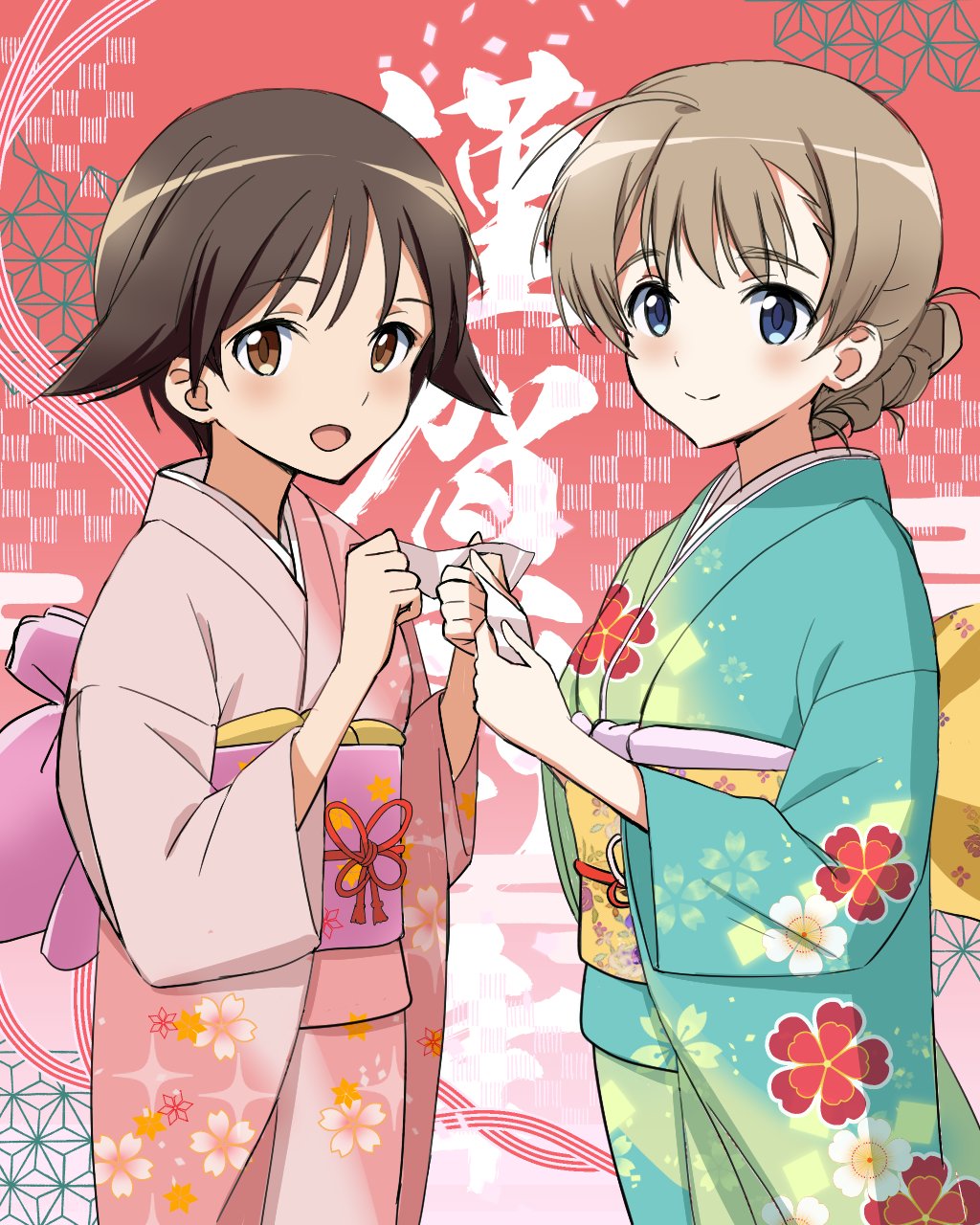 Safebooru - 2girls asa no ha (pattern) background text bangs blue eyes ...