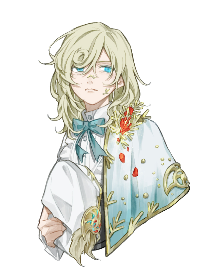 Safebooru - 1boy alternate hairstyle beret blonde hair blue capelet blue eyes blue neckwear bow ...