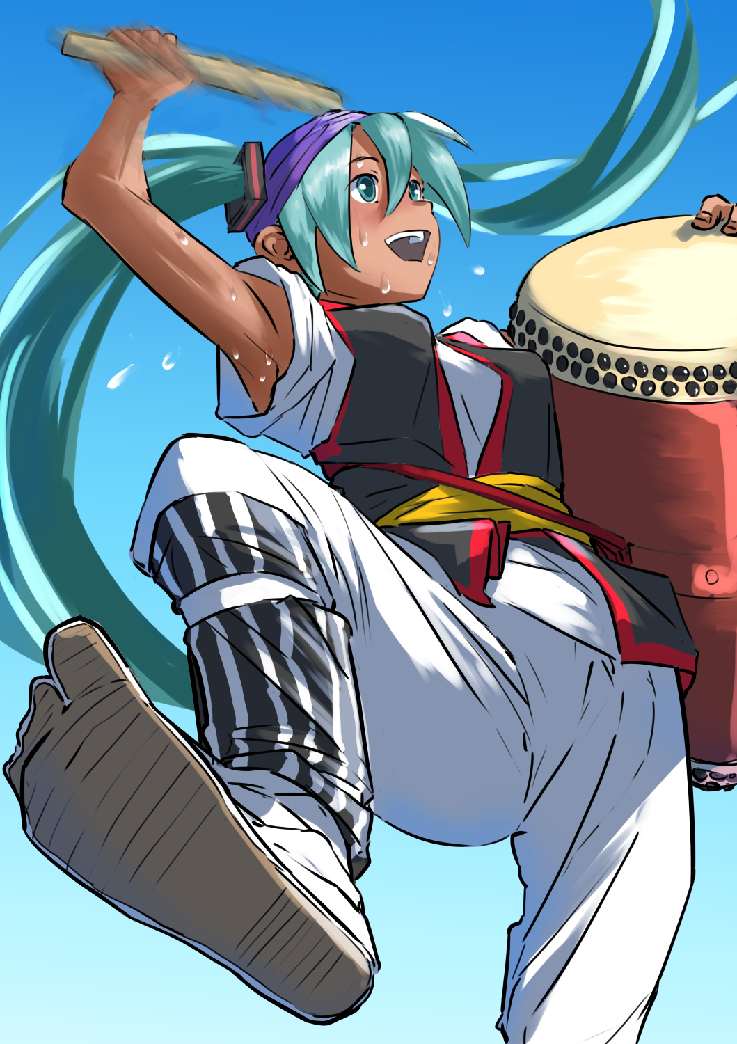 Safebooru - aqua eyes aqua hair armpits breasts drum from below hatsune ...