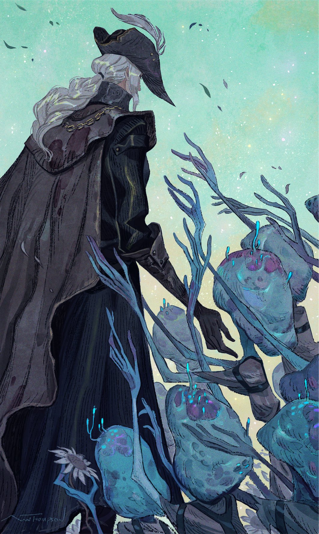 Safebooru - 1girl ami thompson bloodborne brown cape cape enlarged head patient flower from ...