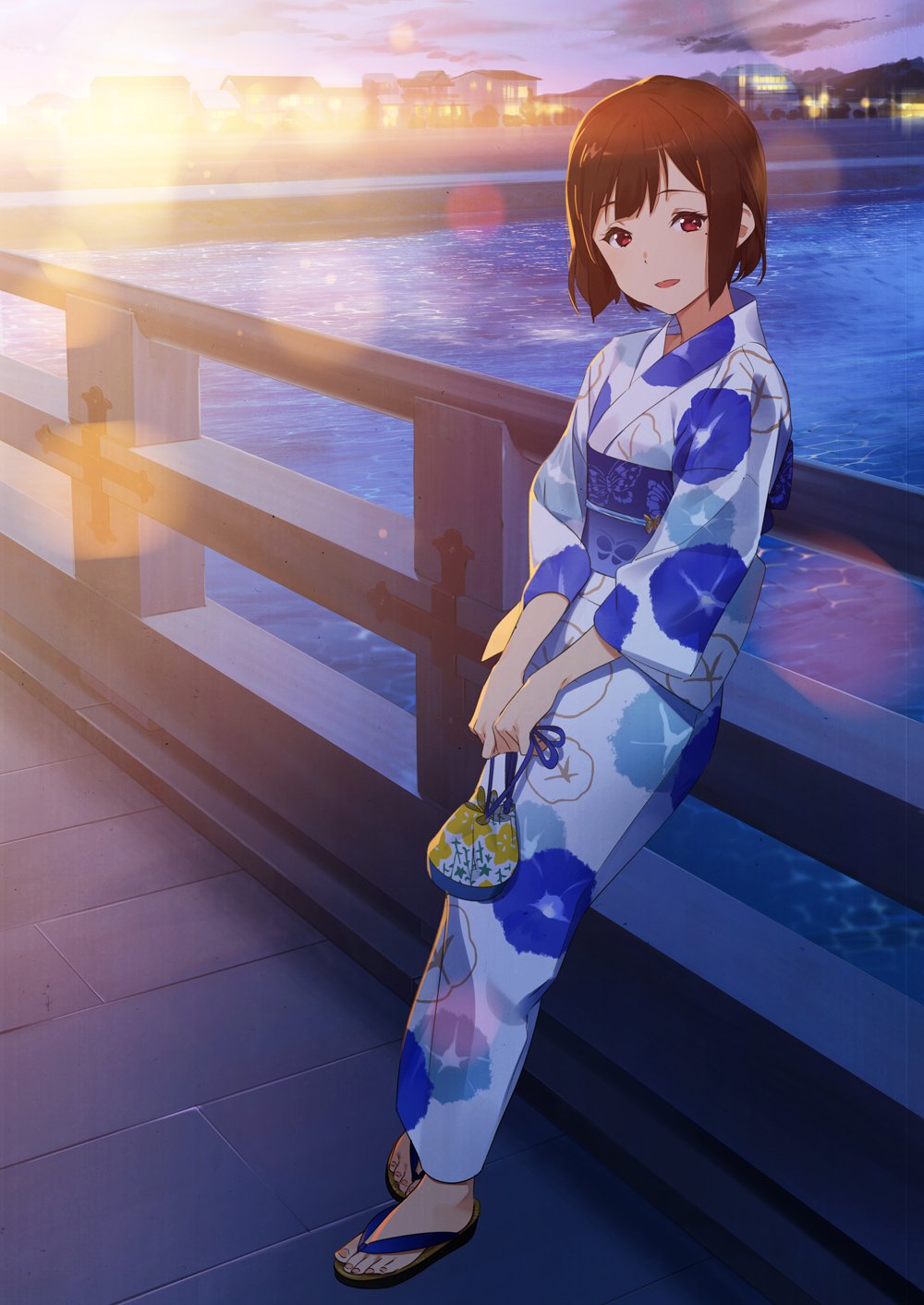 Safebooru - 1girl :d bag blush bridge brown hair building fence floral ...