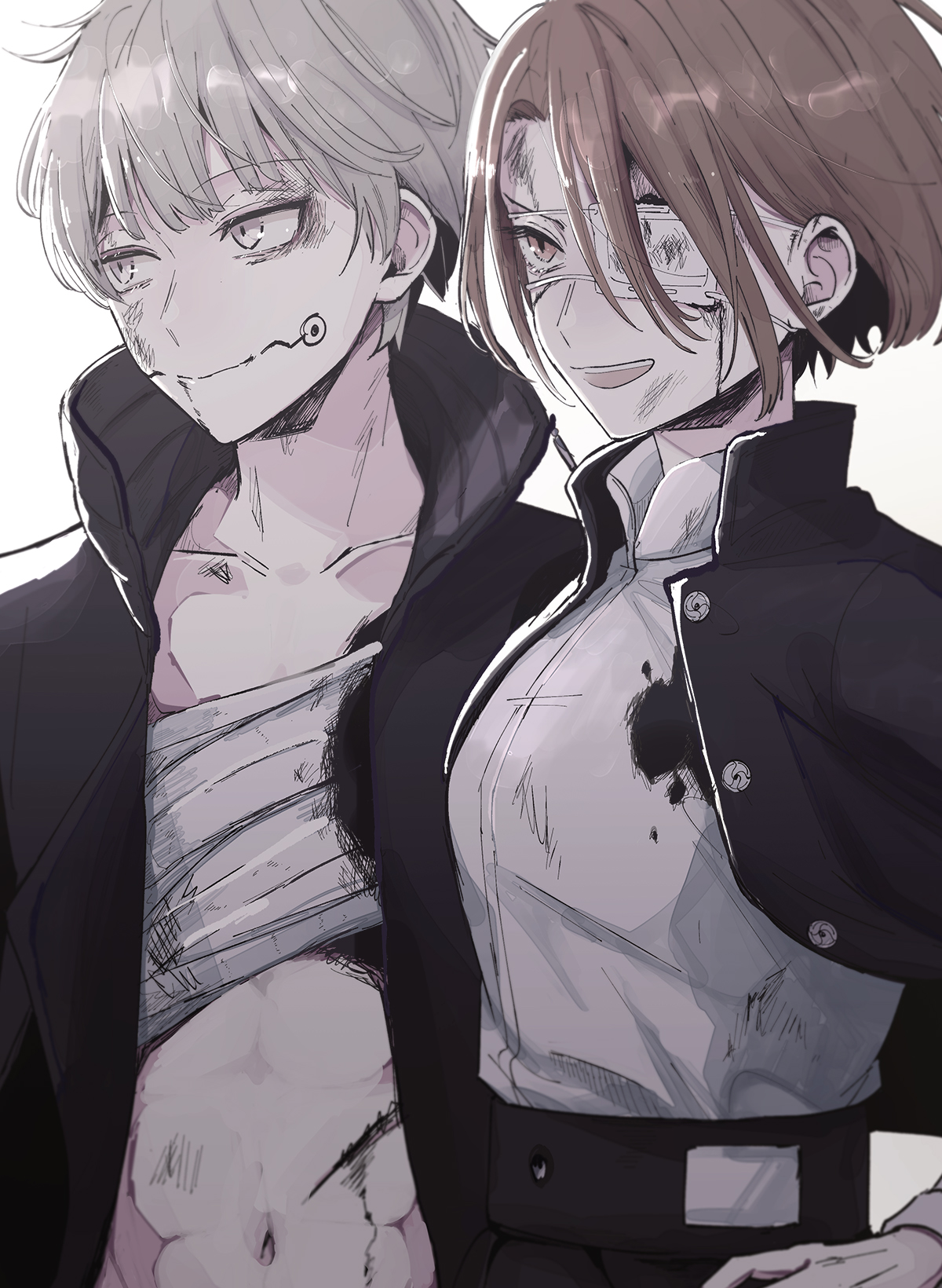 Safebooru - 1boy 1girl abs bandages blonde hair brown eyes brown hair ...