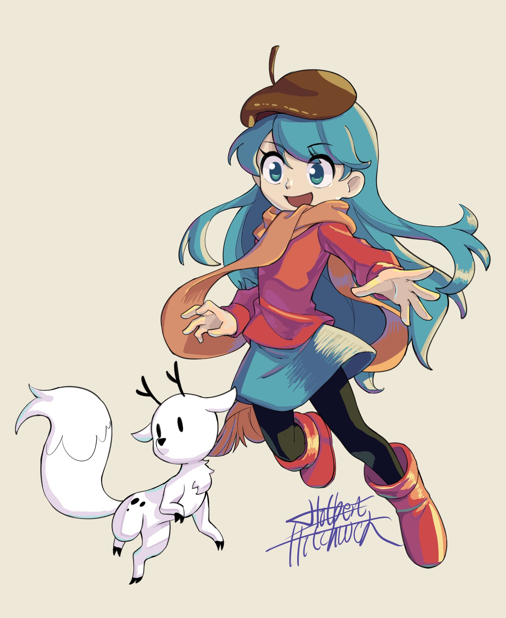 Safebooru - 1girl beret black legwear blue eyes blue hair boots bzzt ...