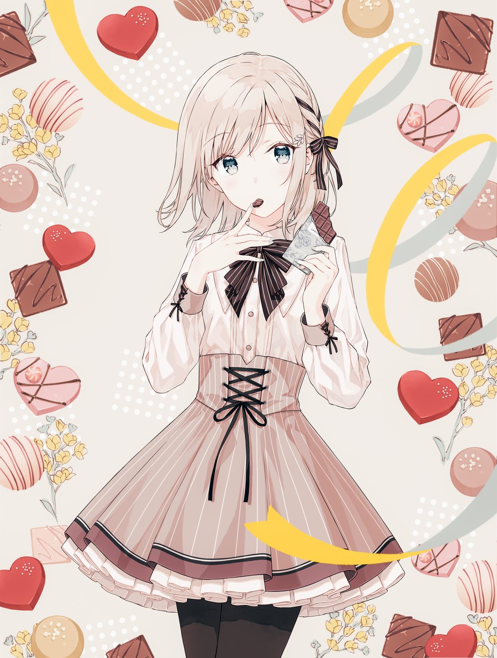 Safebooru - 1girl bangs black legwear black neckwear blonde hair blue eyes bow bowtie braid ...