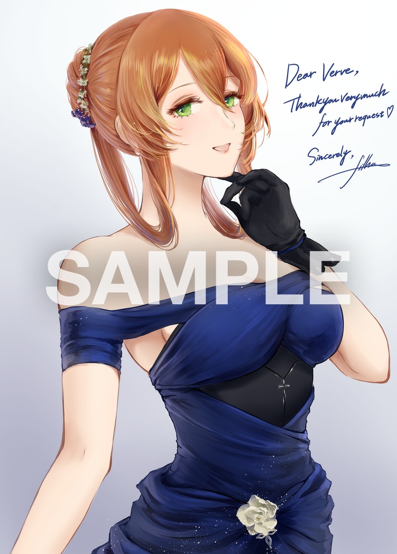 Safebooru - 1girl bangs bare shoulders black gloves blue dress breasts commission dress dress ...