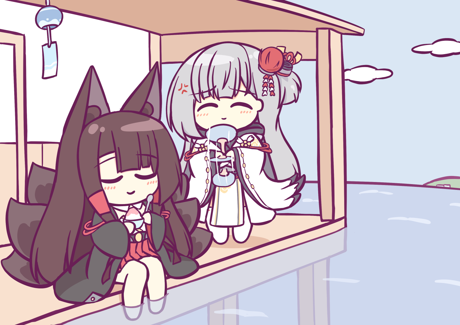 Safebooru - 2girls akagi (azur lane) animal ear fluff azur lane black coat brown hair brown tail ...