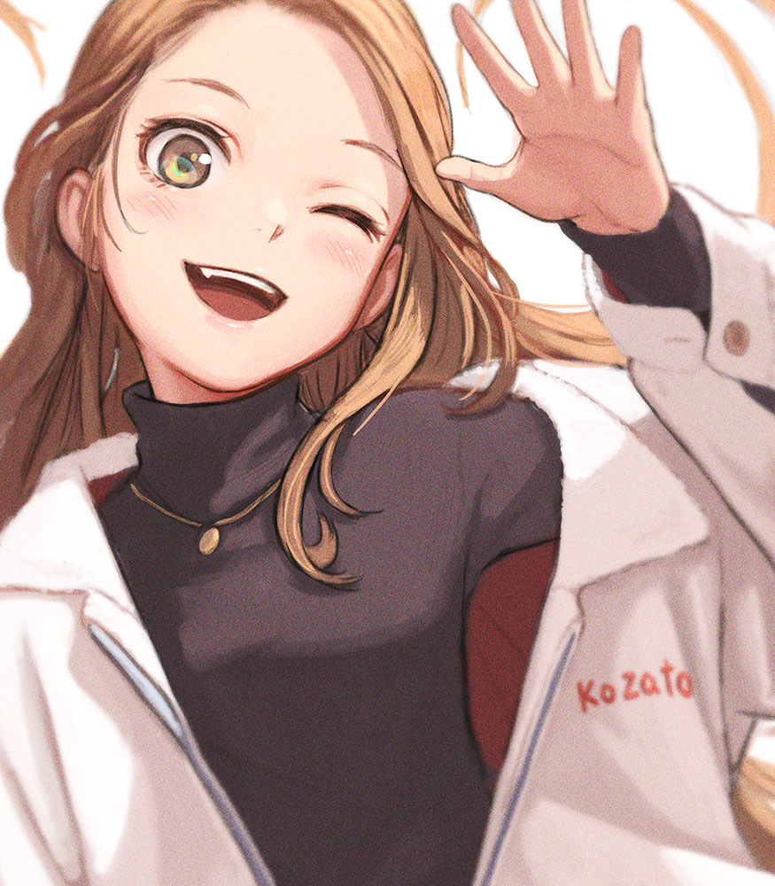 Safebooru - 1girl artist name black shirt blush brown hair coat hand up ...
