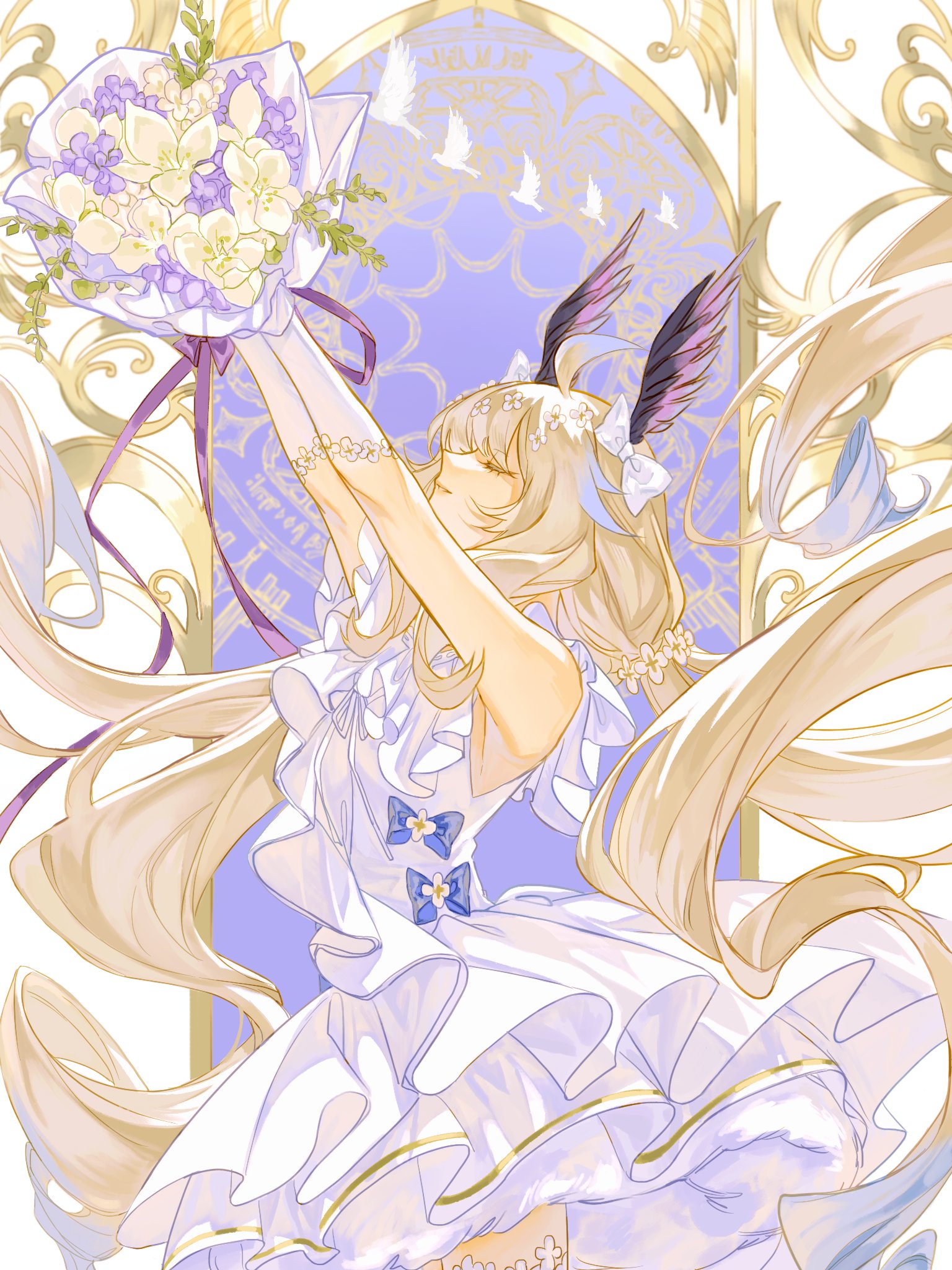 Safebooru - 1girl absurdly long hair ahoge bangs bird girl blonde hair blue bow blue hair ...