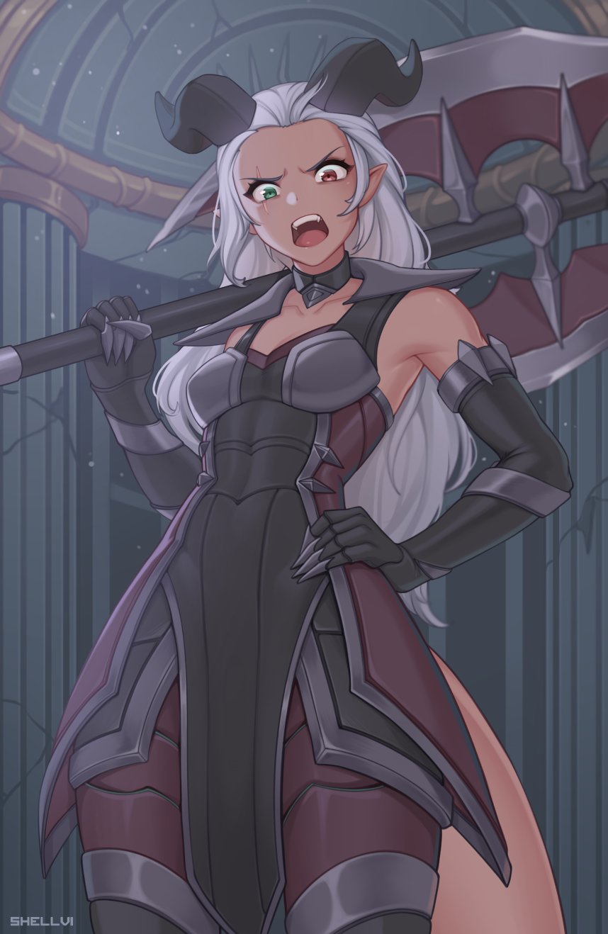 Safebooru - 1girl armor artist name axe bare shoulders black gloves black legwear blurry blurry ...