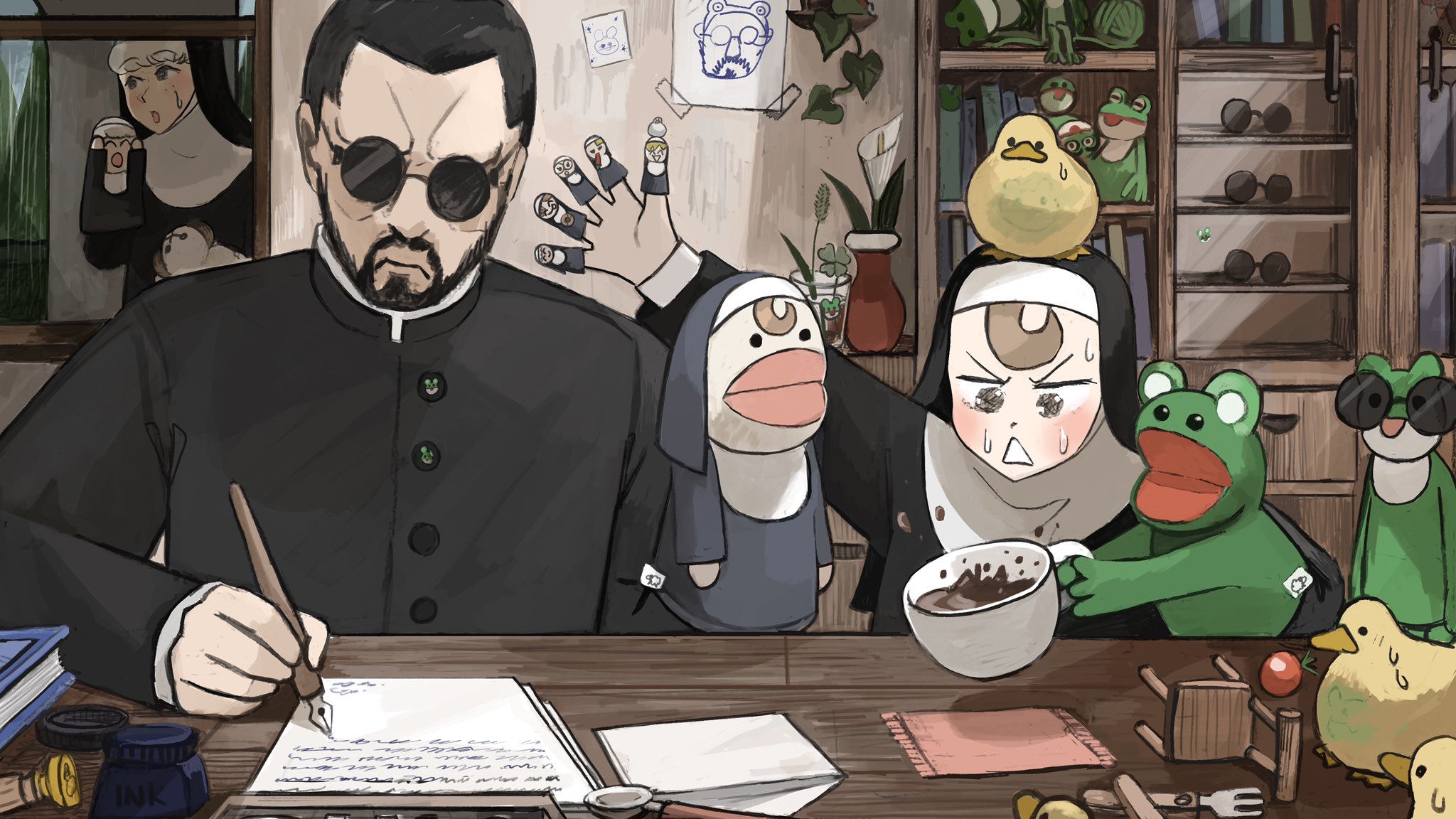 Safebooru - 1boy 2girls animal on head bangs bird brown hair buttons ...