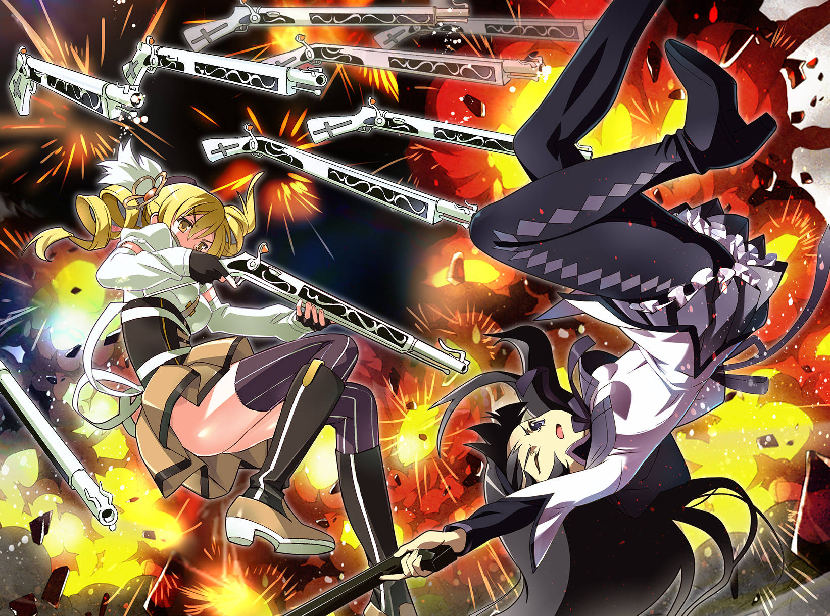 Safebooru - 2girls aiming akemi homura argyle argyle legwear black footwear black gloves black ...