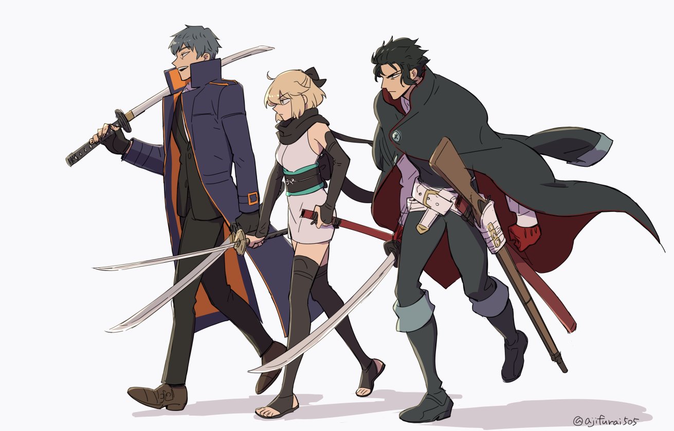 Safebooru - 1girl 2boys ahoge arm guards asaya minoru bare shoulders belt belt buckle black bow ...