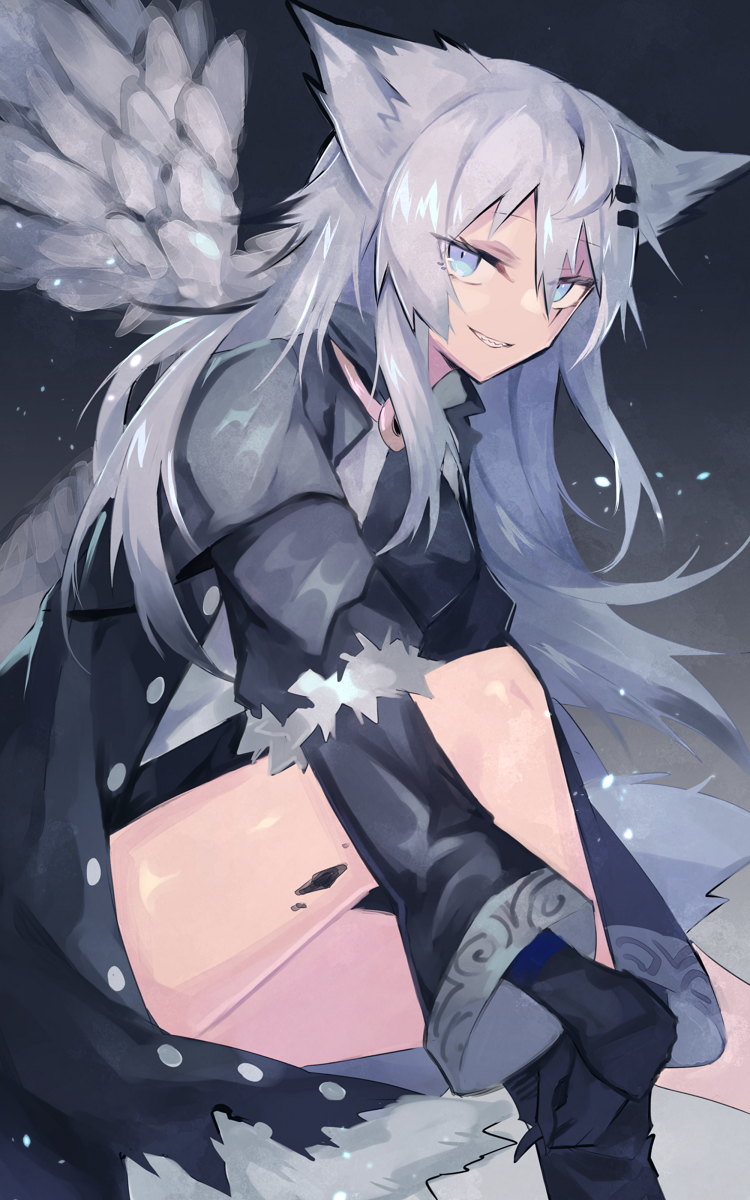 Safebooru - 1girl alternate costume animal ears arknights bangs bare legs black coat black dress ...