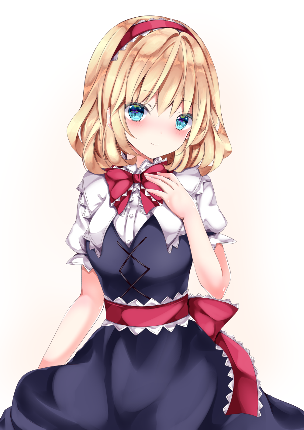 Safebooru - 1girl alice margatroid blonde hair blue dress blue eyes blush bow bowtie capelet ...
