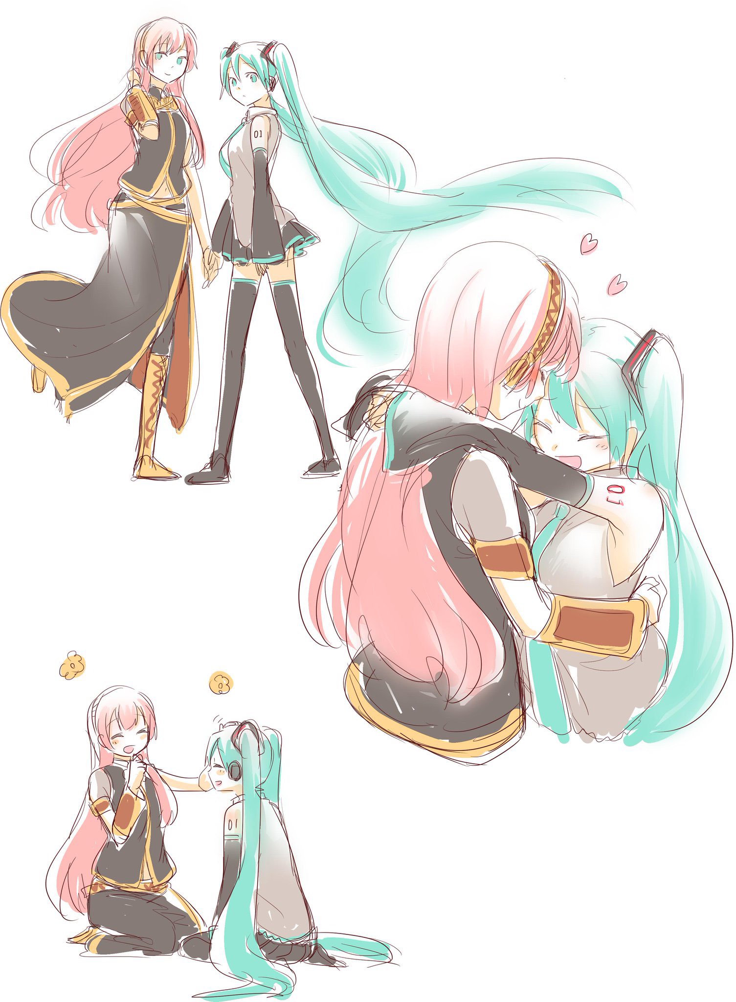 Safebooru - 2girls absurdly long hair aqua eyes aqua hair aqua neckwear armband arms around neck ...